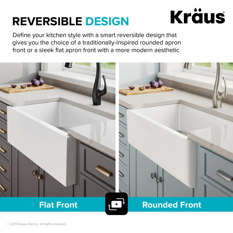 KRAUS Turino™ Reversible 33-inch L Fireclay Farmhouse Flat Apron Front ...