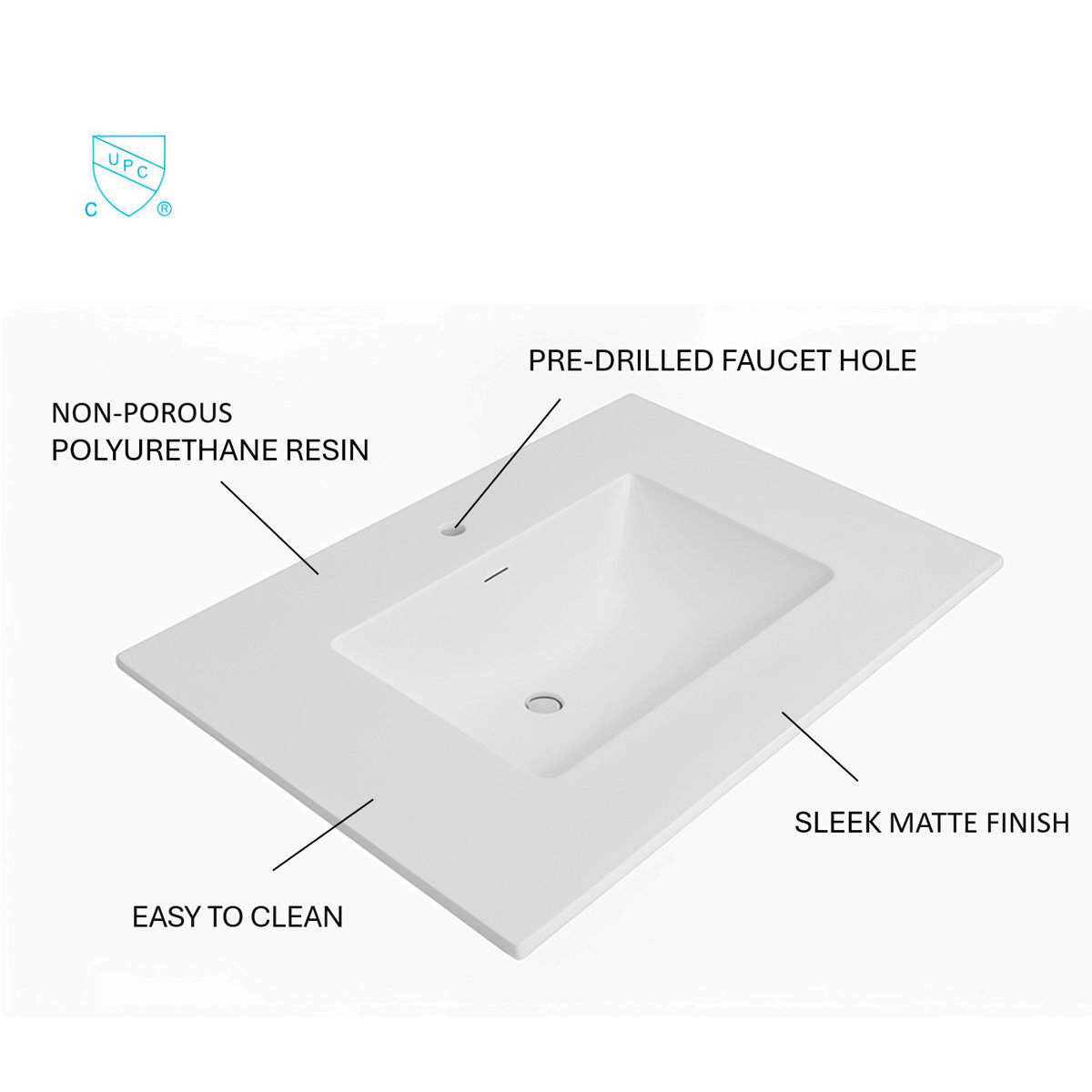 Vanity Atelier 37"Wx22"D Solid Surface Resin Vanity Top with Sink ...