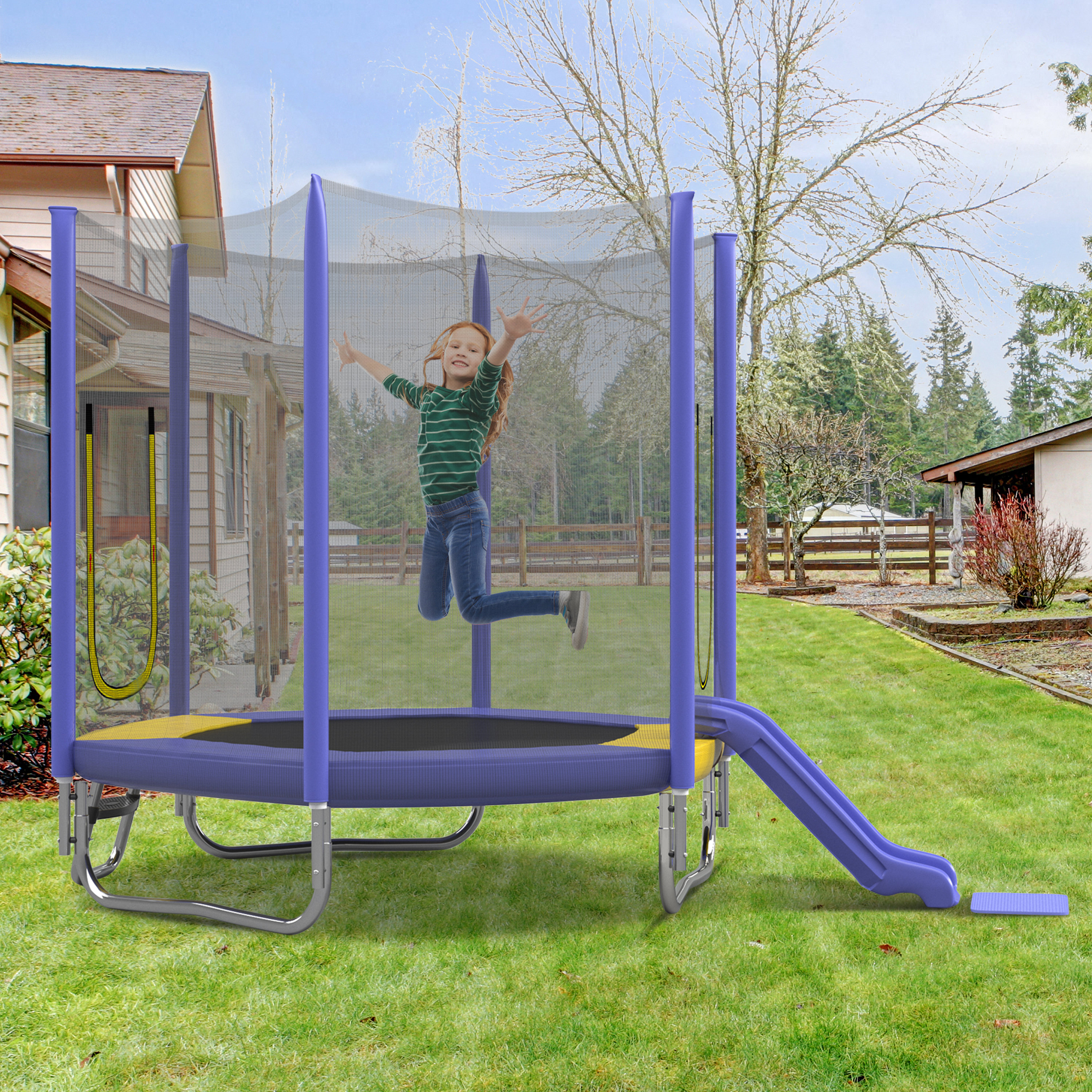 VIRUBI 7FT Kids Trampoline with Safety Enclosure Net, Slide and Ladder ...