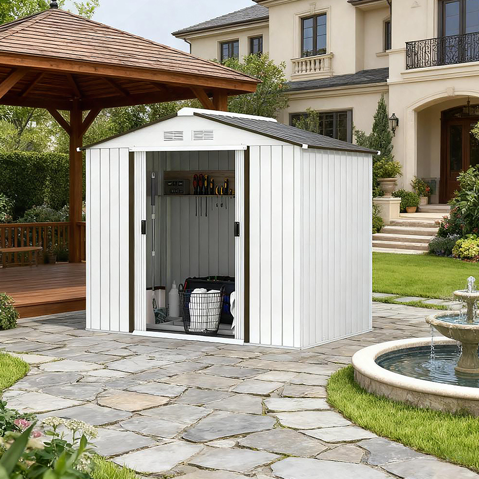 YIWUZEYI Garden Shed white Garden Storage Shed with Foundation Kit, 4 ...