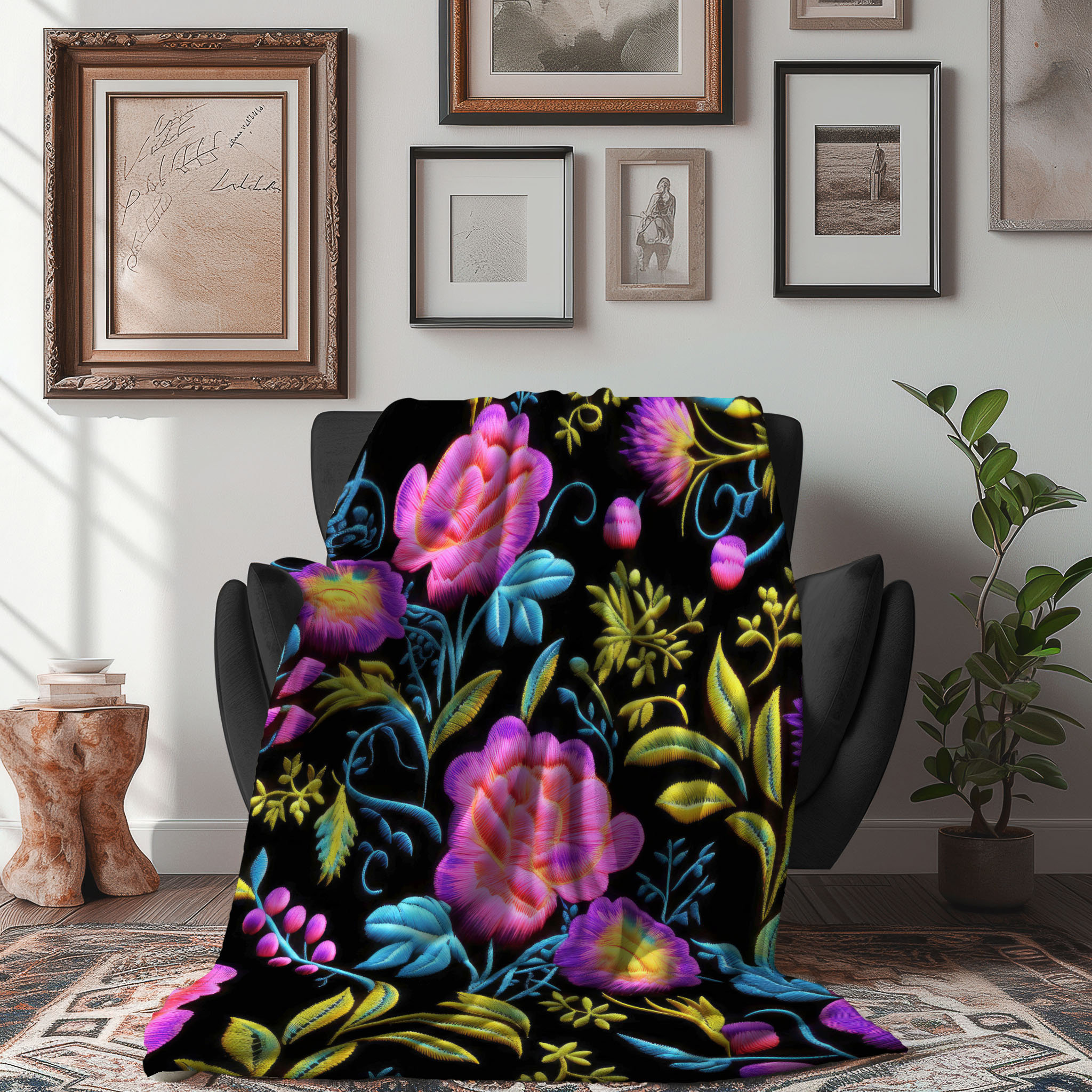 MentionedYou Neon Embroidered Garden - 1 Piece Premium Sherpa B Throw ...