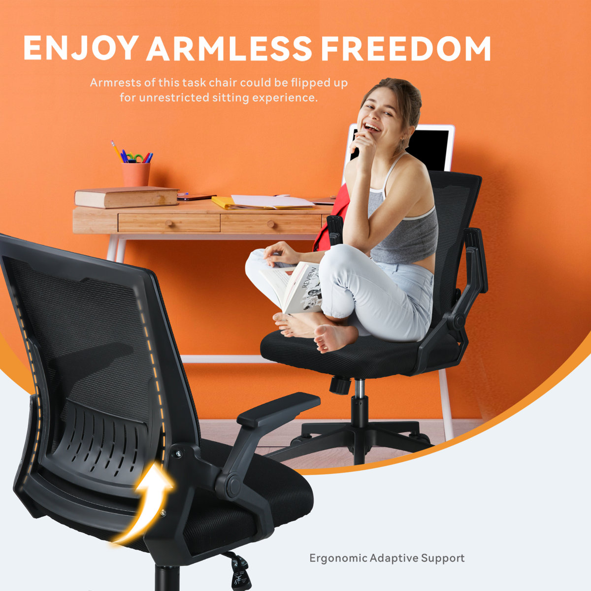 Inbox Zero Office Chair With Flip-Up Armrests Ergonomic Computer Desk ...