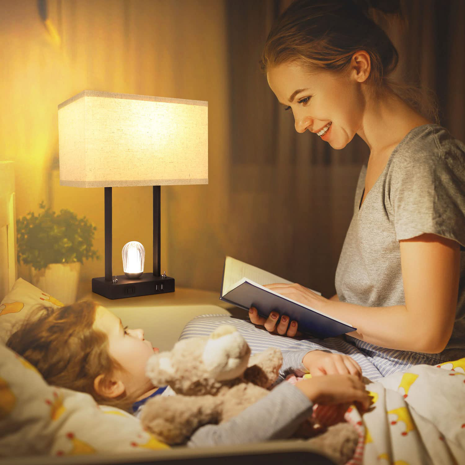 Latitude Run® Metal Table Lamp with Night Light, Nightstand Lamps ...