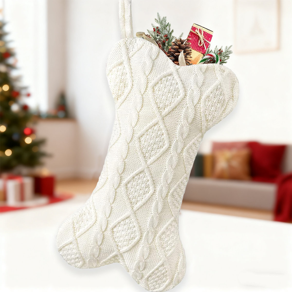 The Holiday Aisle® Large Knit White Dog Bone Christmas Stocking For Pets, Soft Lined Pet ...