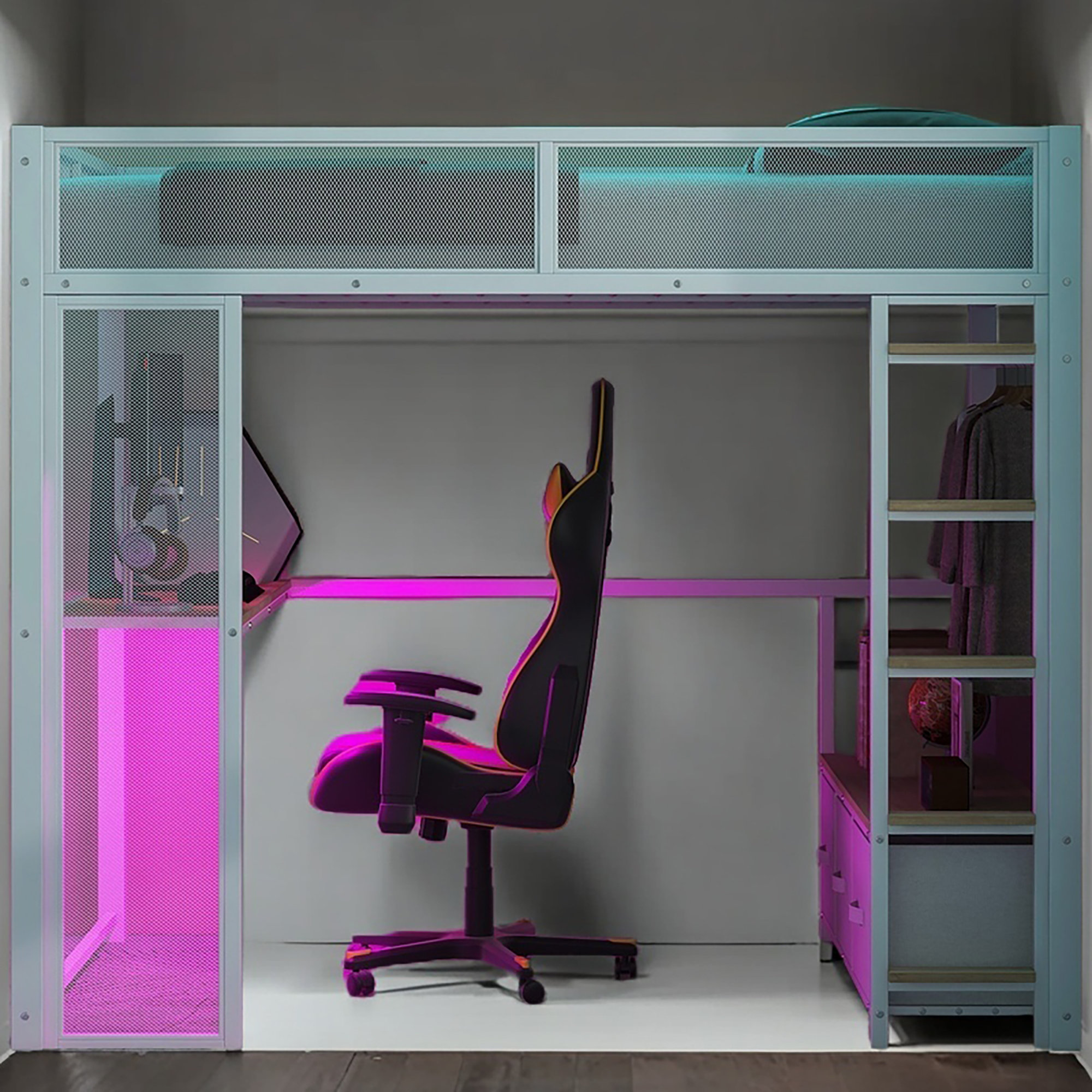 17 Stories Full Size Metal Gaming Loft Bed With LED, Desk, Open ...