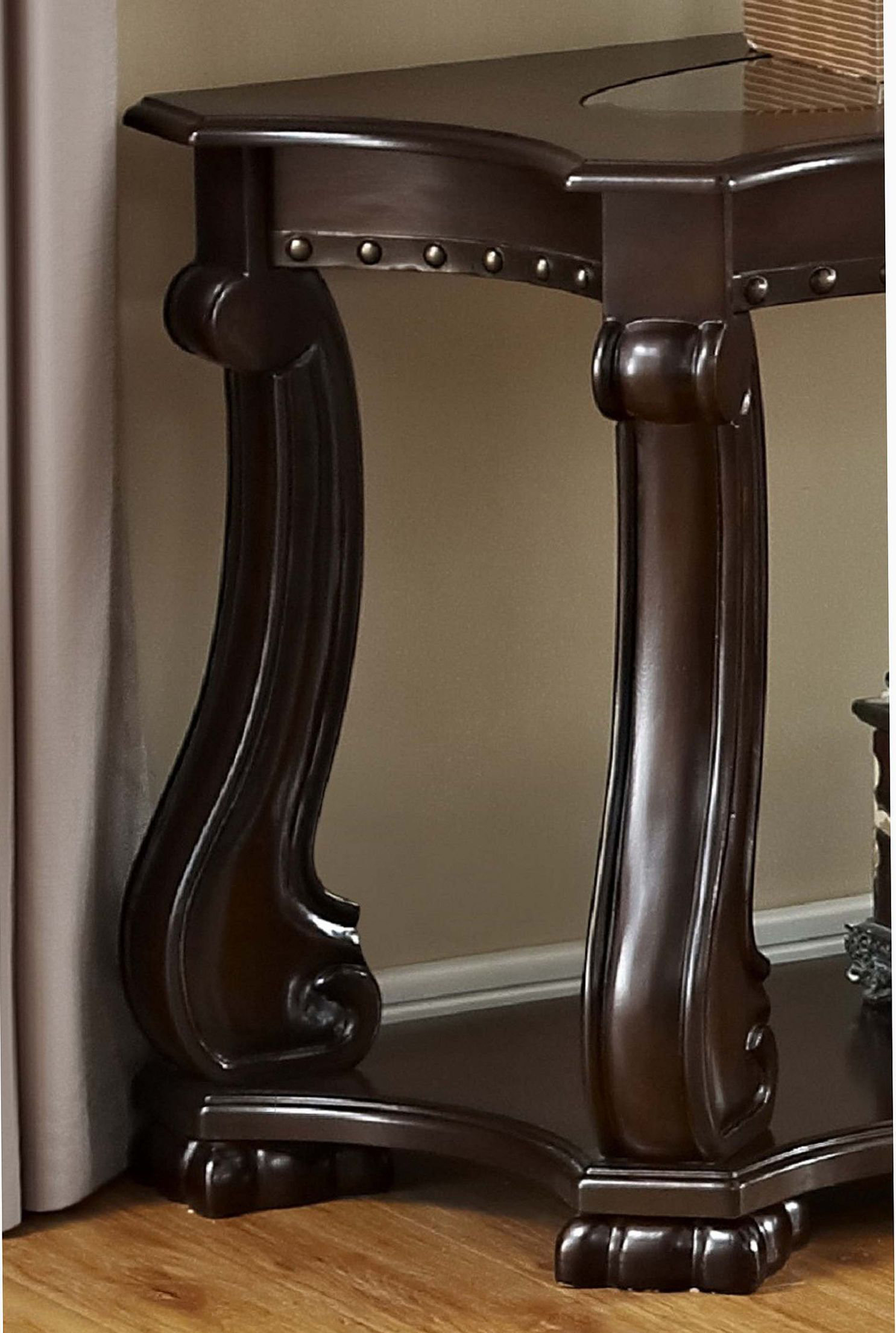 Canora Grey Glass Top Sofa Table Brown Base Lower Display Shelf Ornate ...