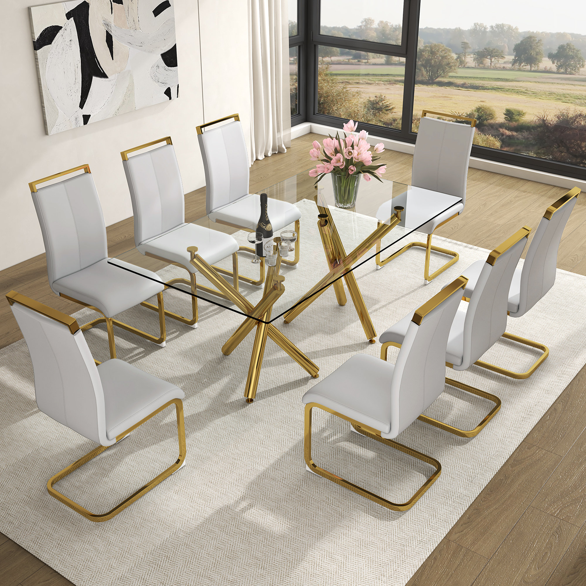Everly Quinn Amreena 9 - Piece Glass Double Pedestal Dining Set ...