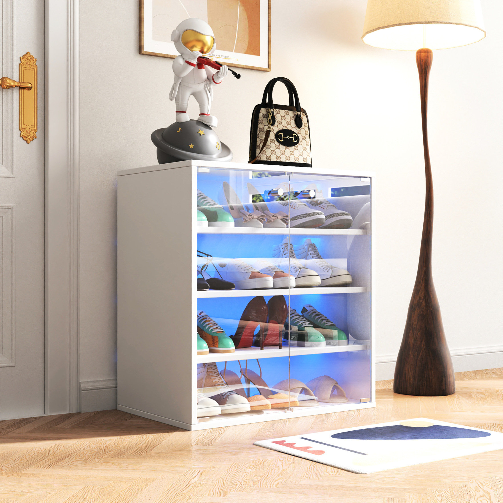 Ebern Designs 4 Tier Wooden Shoe Box With Led - Stackable And - For ...
