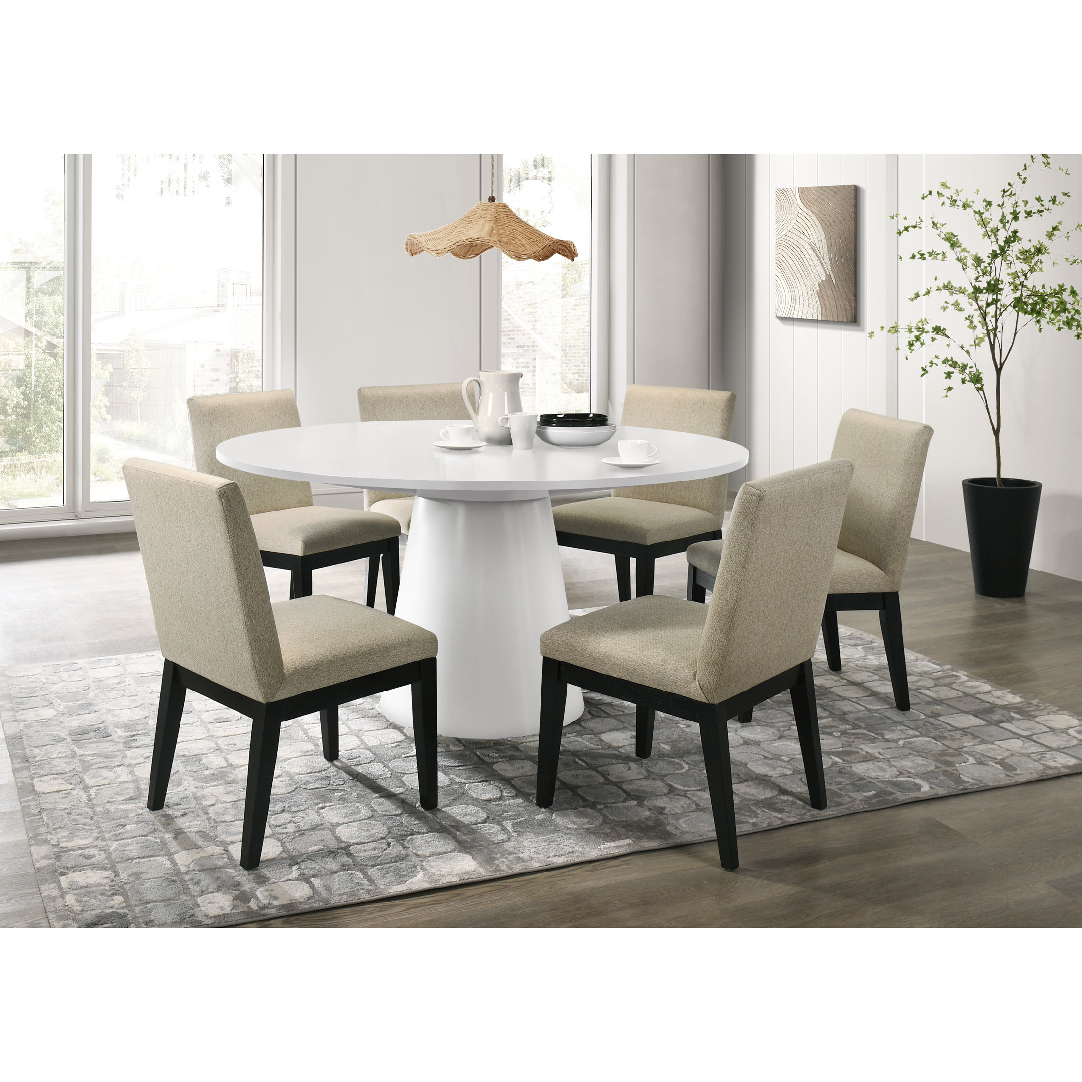 Orren Ellis Jasper White 7-Pc Round Dining Table Set with Pedestal Base ...