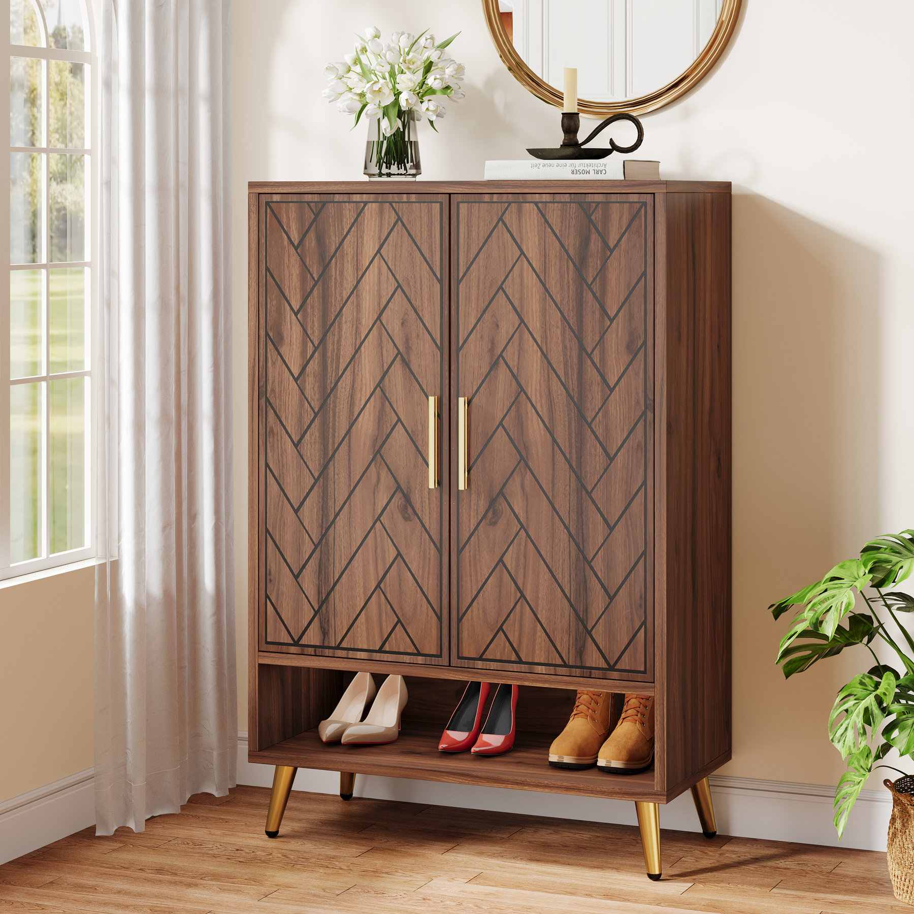 Rebrilliant Walnut Shoe Cabinet for Entryway | Wayfair