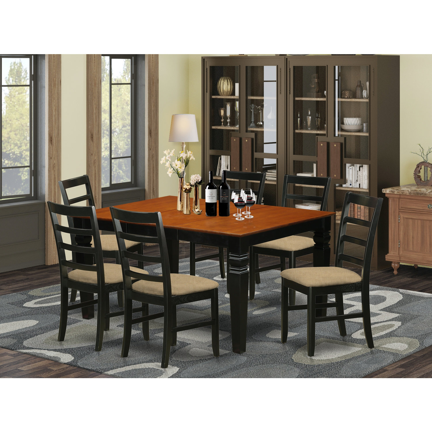 Canora Grey 7-Piece Black and Cherry Finish Solid Wood Top Dining Table ...