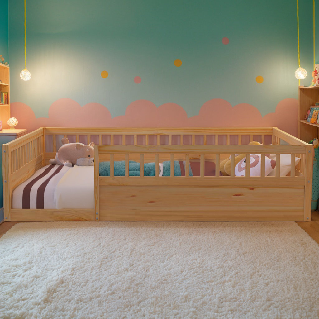 VPXTA Toddler Floor Bed Frame for Kids，Montessori Bed with High Fence ...