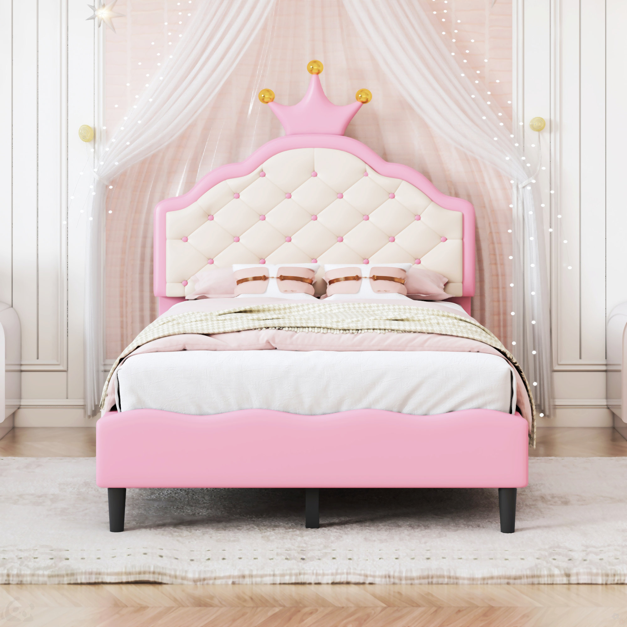 Delight Glass Lovely Crown Fantasy PU Leather Princess Bed With Tufted ...