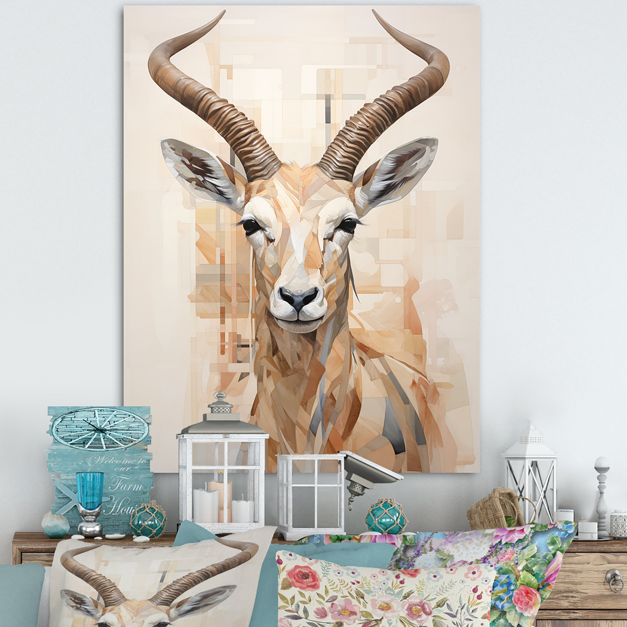 Design Art Minimalism Beige Antelope Ibex I - Antelope Canvas Art Print ...