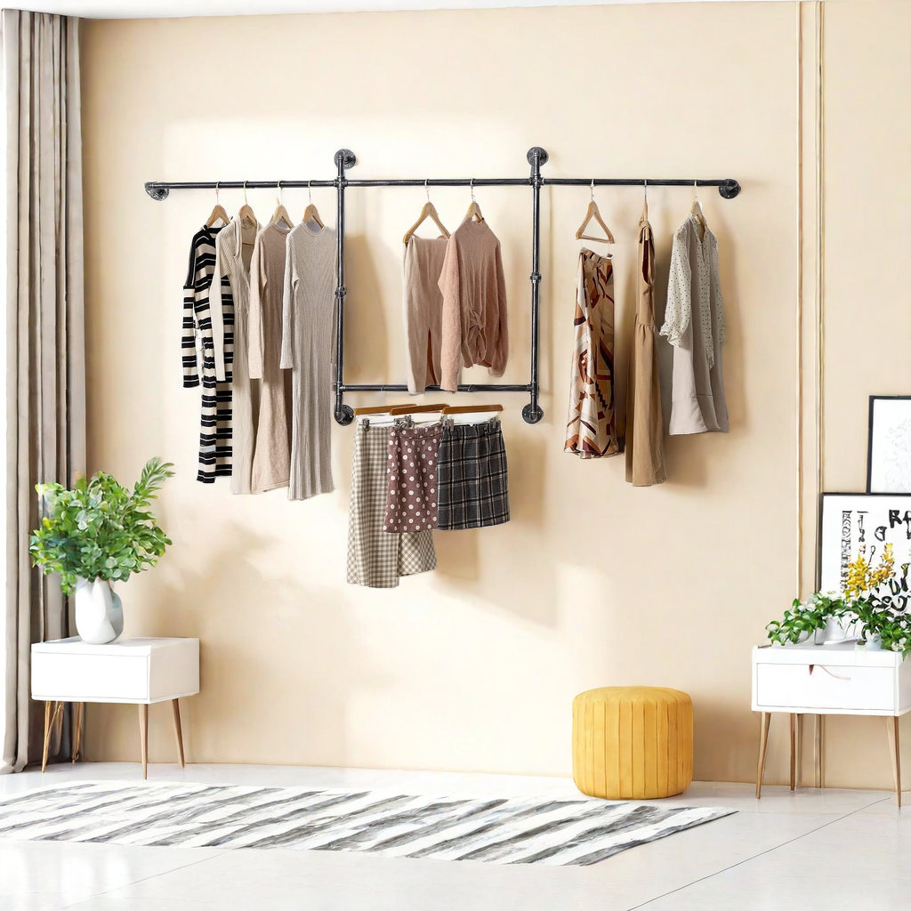 Williston Forge Industrial Pipe Clothing Rack Heavy Duty Wall Mounted ...