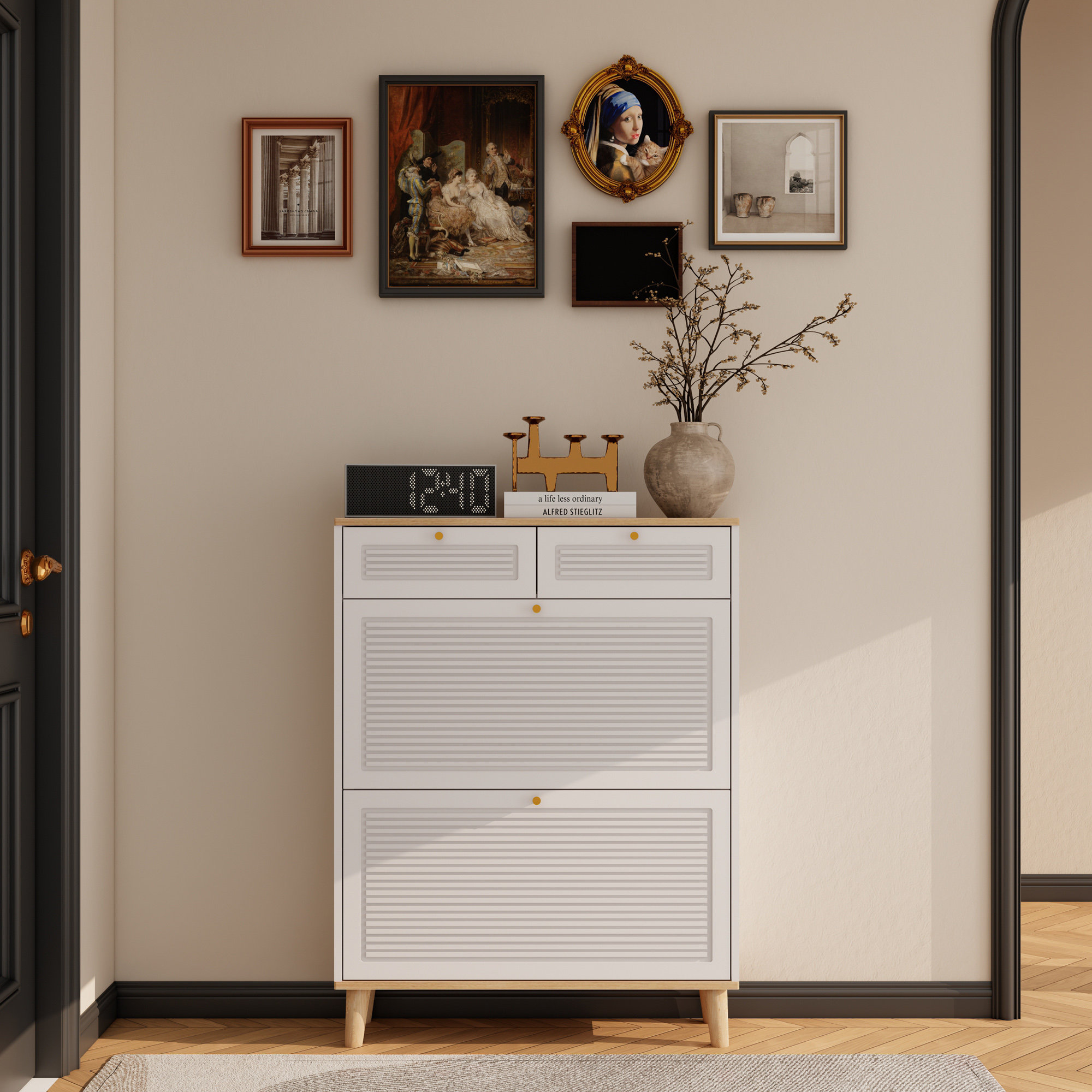 Corrigan Studio® Freestanding shoe cabinet with 2 flip-up drawers and 2 ...