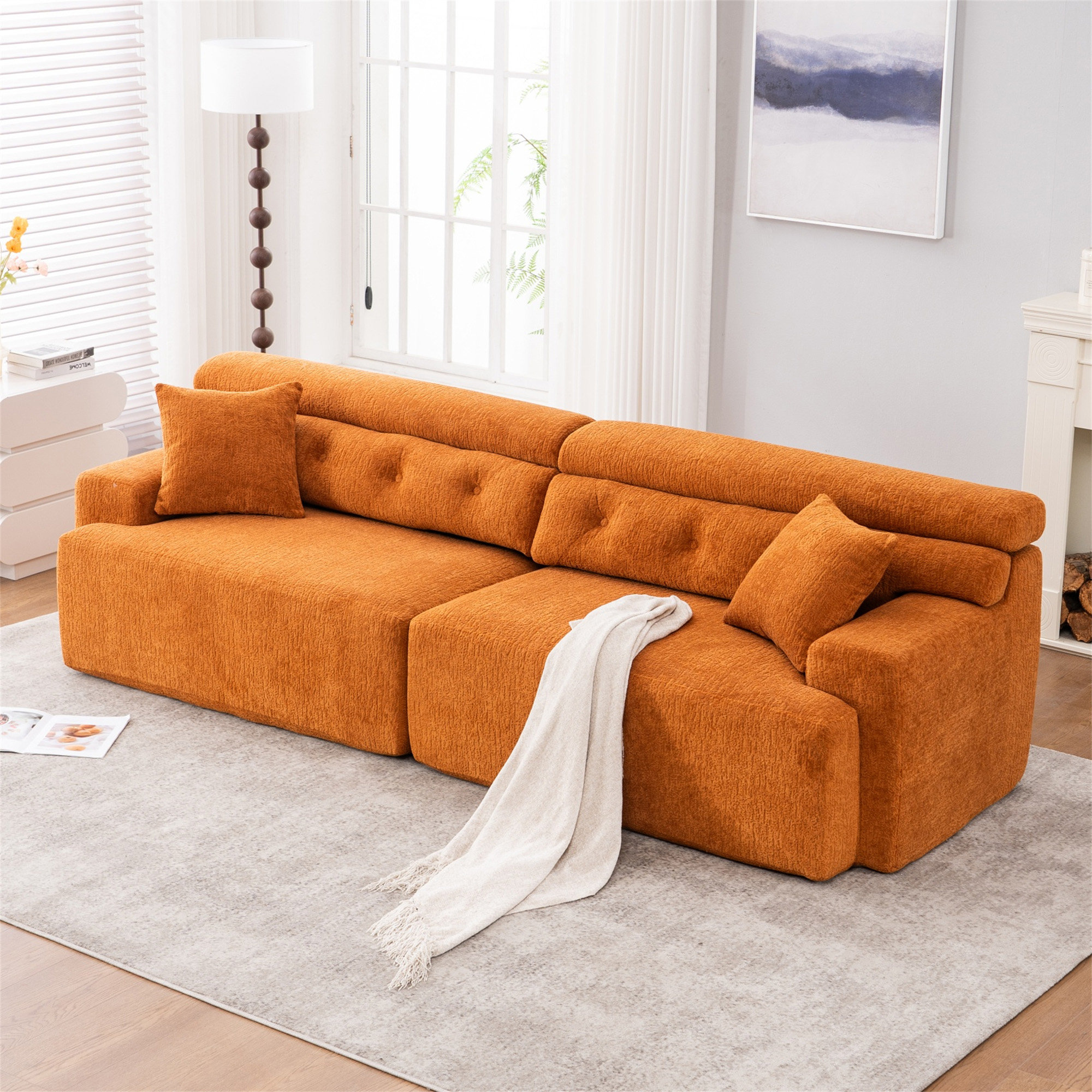 Brayden Studio® Reconfigurable 4-Seater Sectional Sofa With Wood Grain Chenille Fabric, Amber ...
