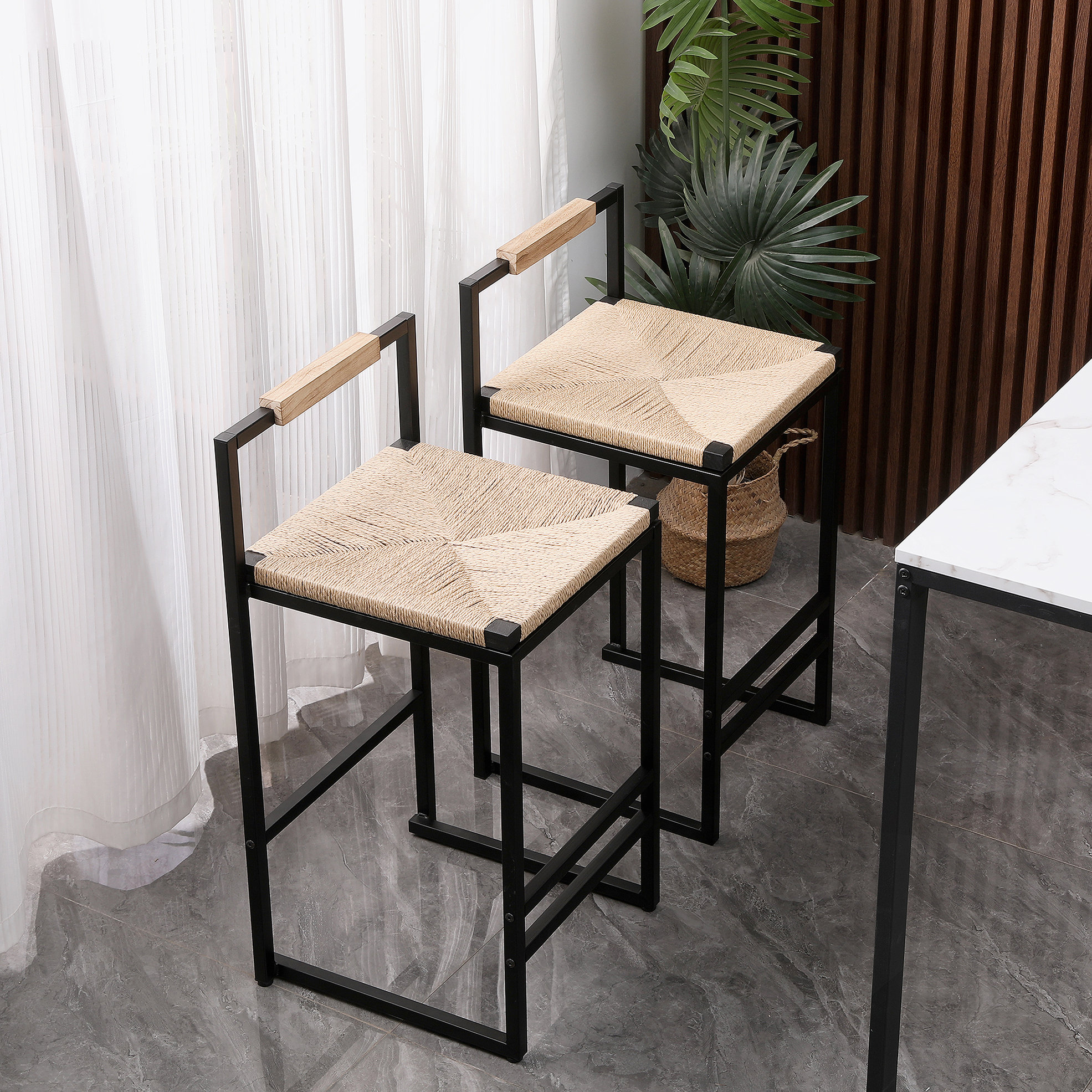 Bay Isle Home™ Set of 2 Bar Stools with Back Paper Rope Woven Counter ...