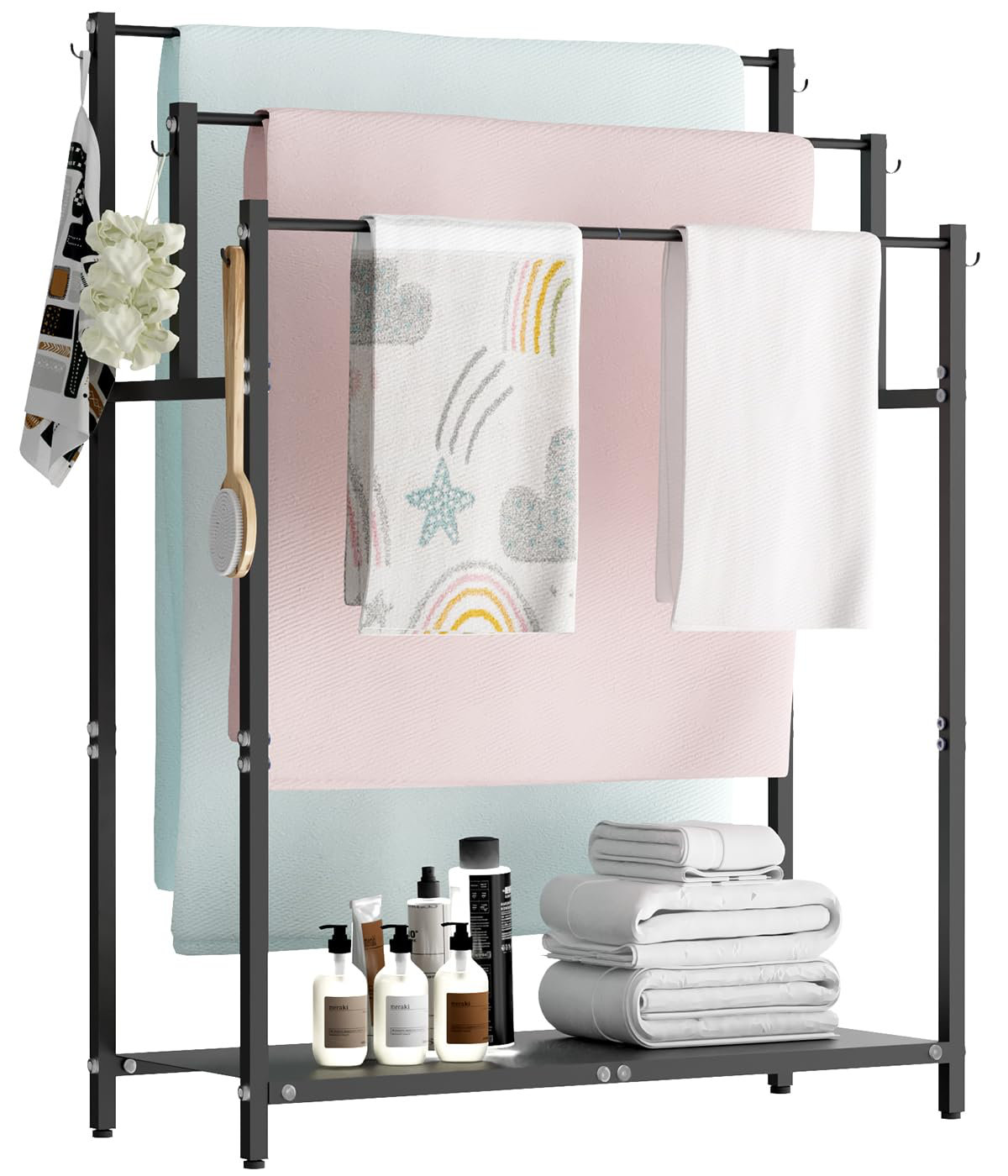 Rebrilliant 44" High Freestanding Towel Rack With 6 Hooks, 3 Tier Extra ...