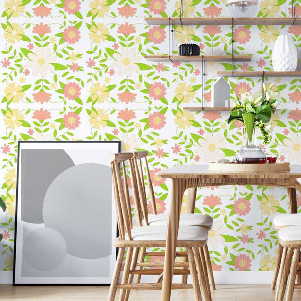 Harriet Bee Floral Hand Draw 96" L X 24" W Peel And Stick Wallpaper ...