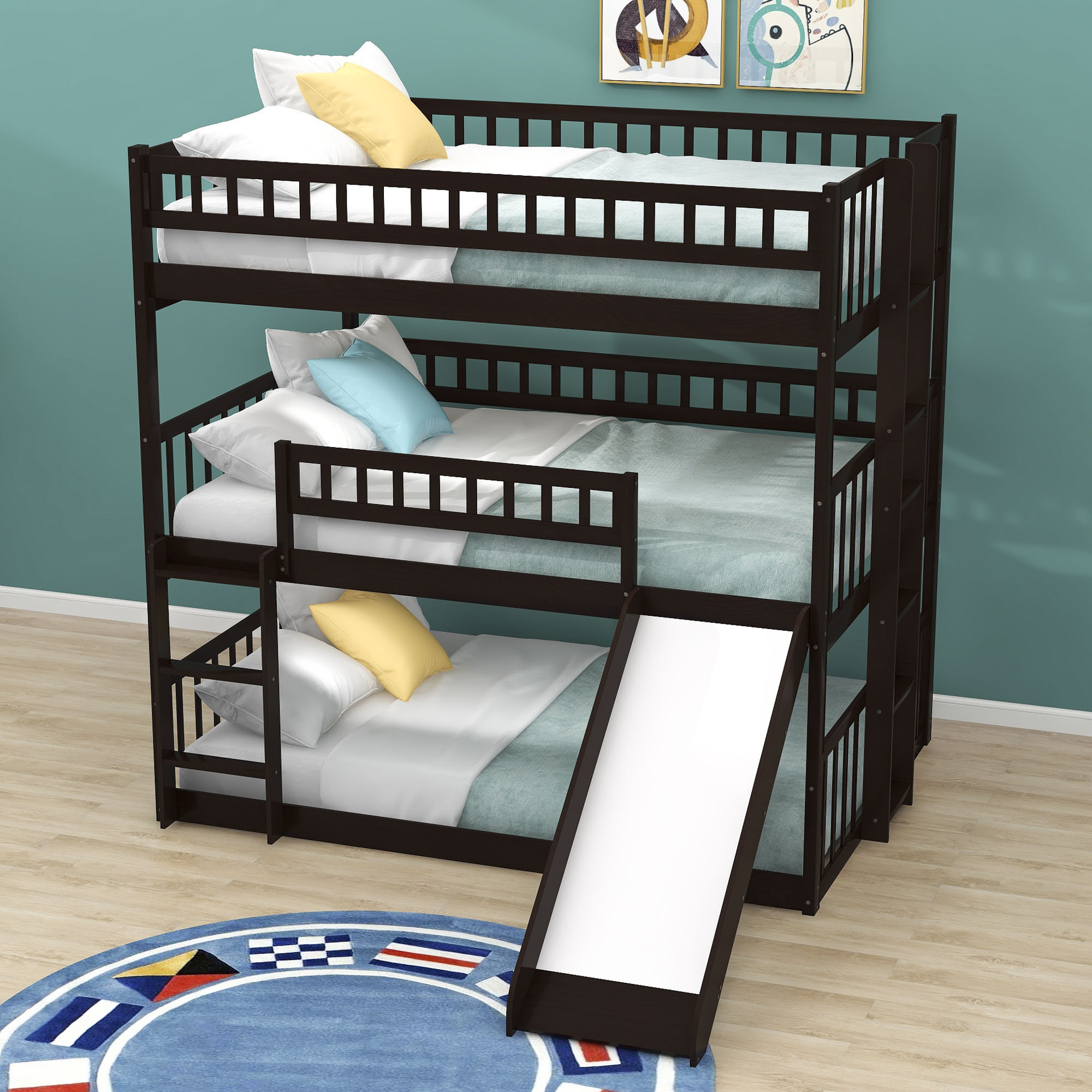 Harriet Bee Full Over Full Over Full Triple Bed,Wood Bed with Built-in ...