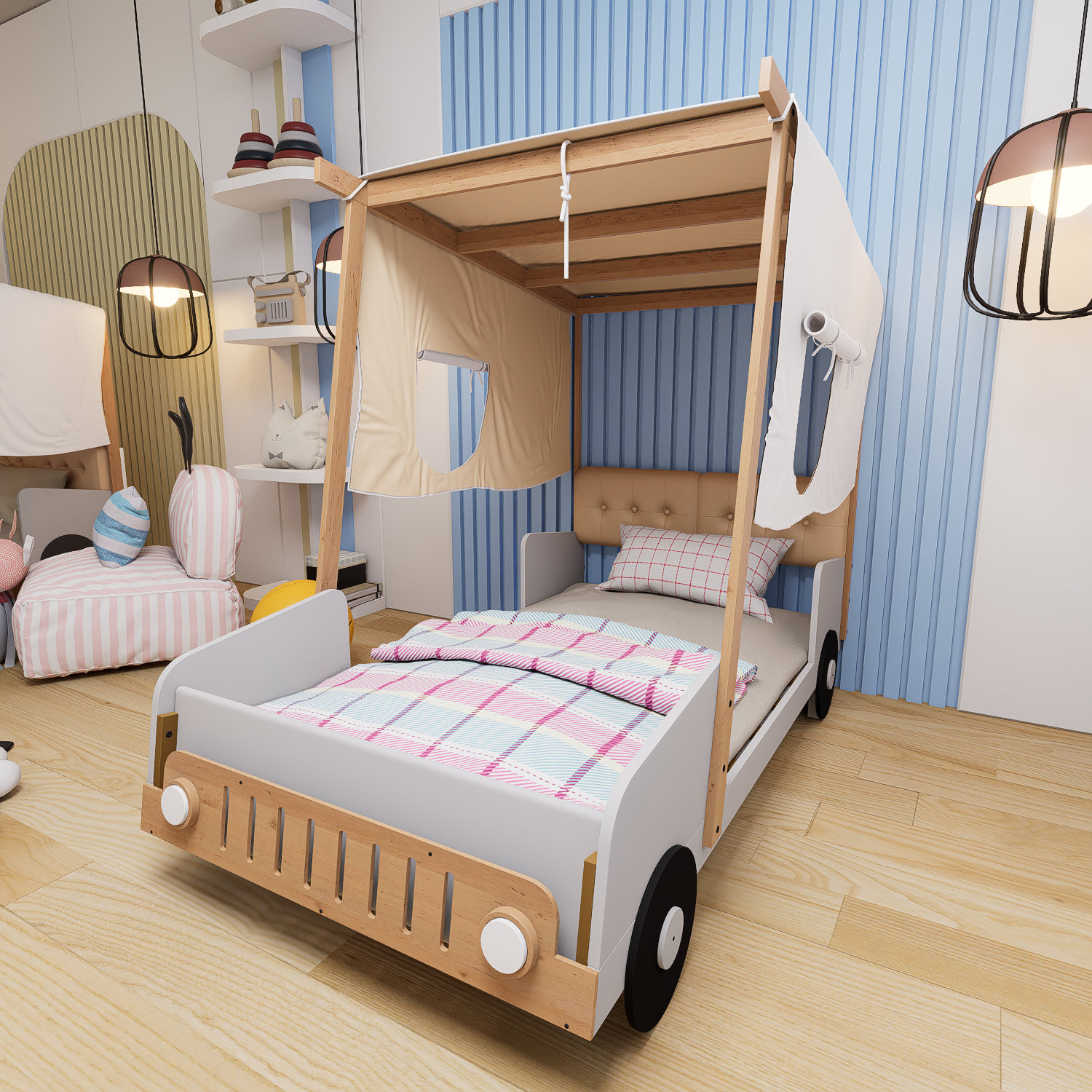 Zoomie Kids Natural Color Wooden Double Lathe, Ceiling Cloth And Led ...