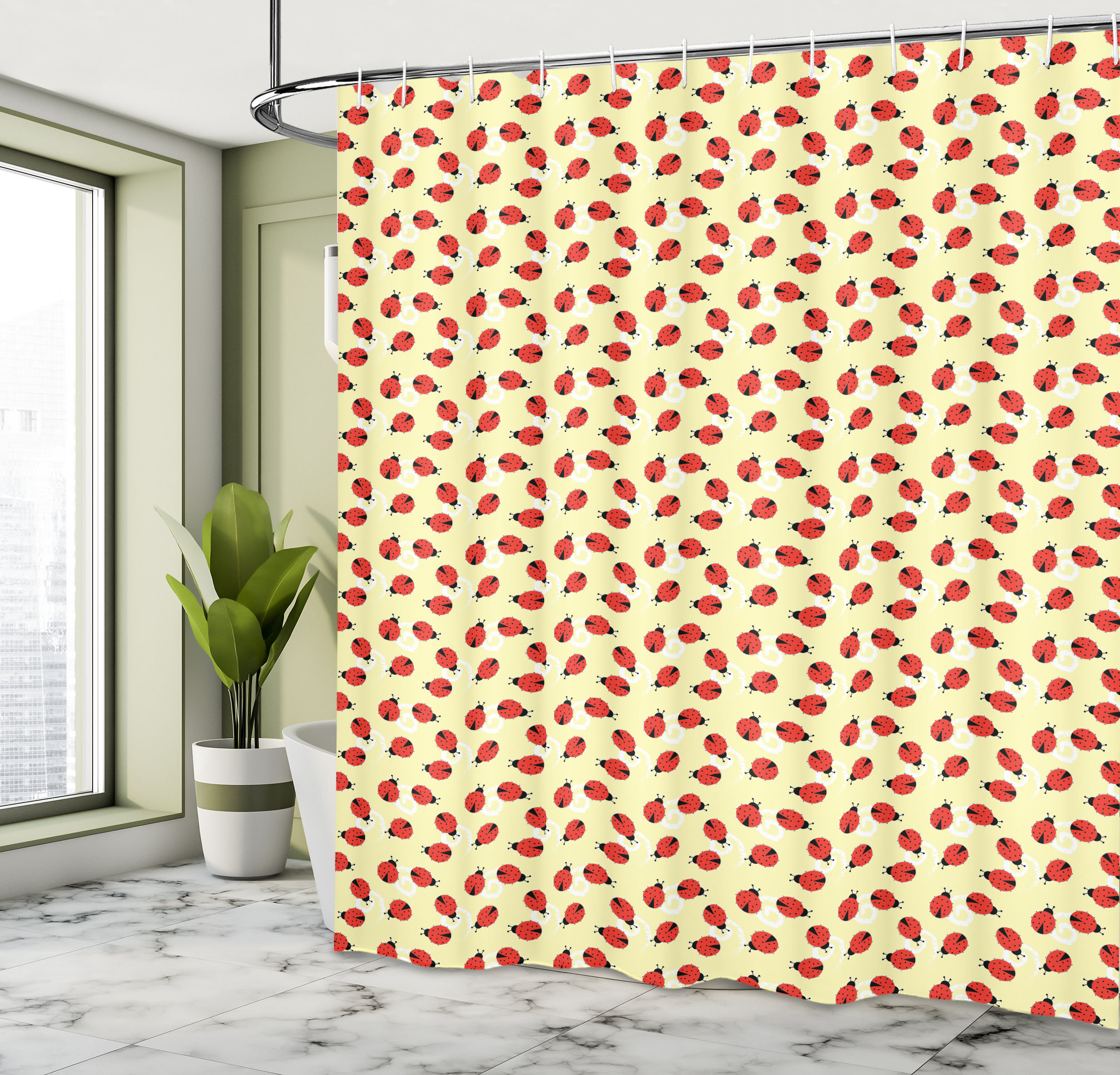 Dovecove Ladybug Shower Curtain Ladybugs and Swirls Pale Yellow ...