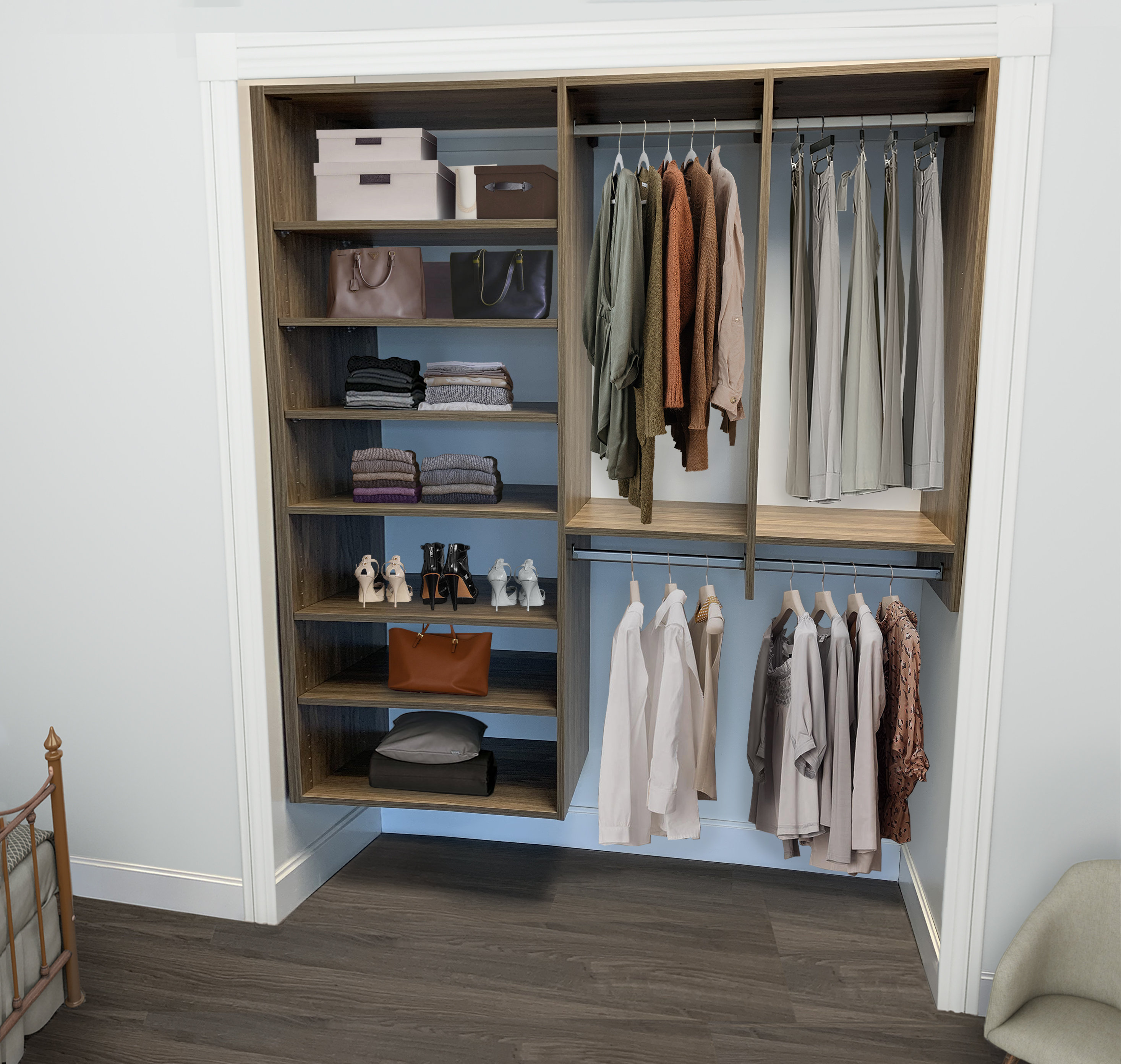 Ebern Designs Laimas - Wide Shelving with Double-Hang 2x Closet System ...