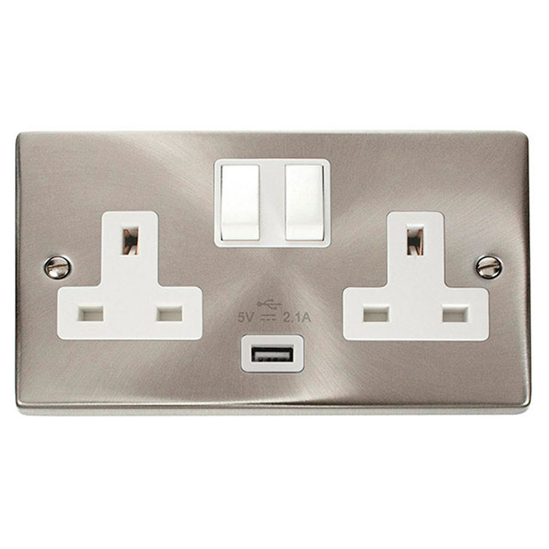 Metro Lane Satin / Brushed Chrome 2 Gang 13A 1 USB Twin Double Switched ...