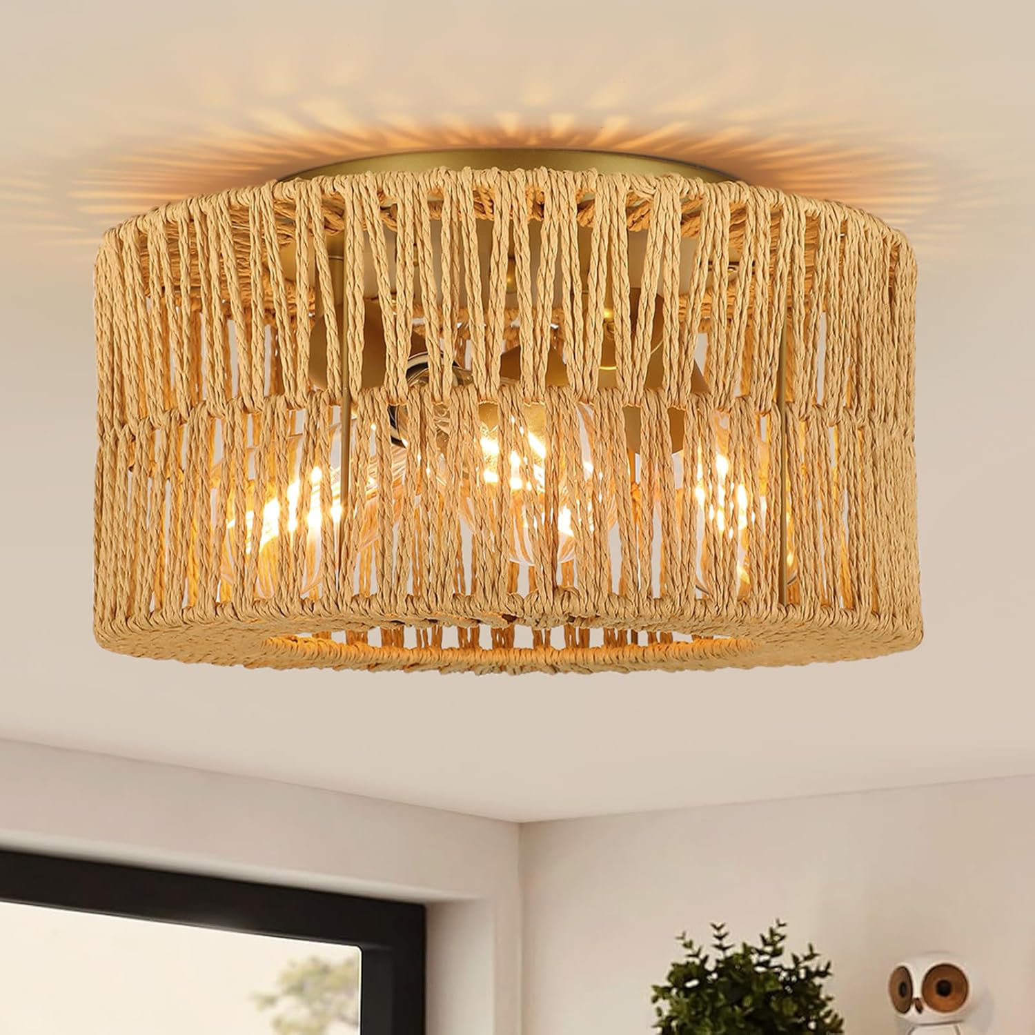 Bay Isle Home™ Boho Rattan Ceiling Light Fixture, Flush Mount Woven ...