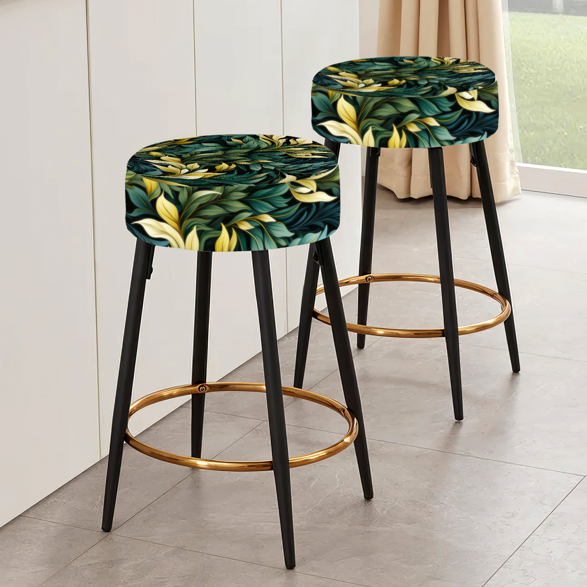 Design Art Leaf Green And Yellow Harmony III - Floral Bar Stools Set Of ...