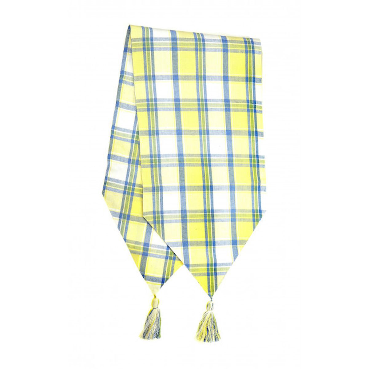 Gracie Oaks Blue,Yellow & White Checks With Tassels Table Runner ...