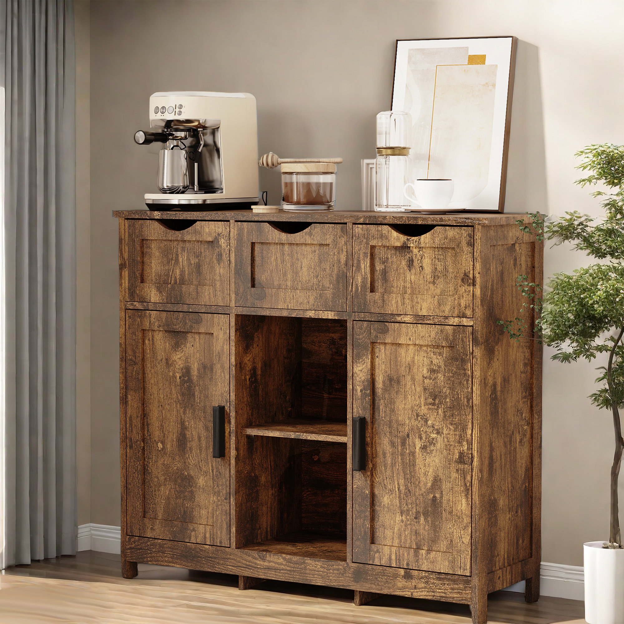 Lark Manor Rustic Wooden Storage Cabinet With Shelves And Drawers ...