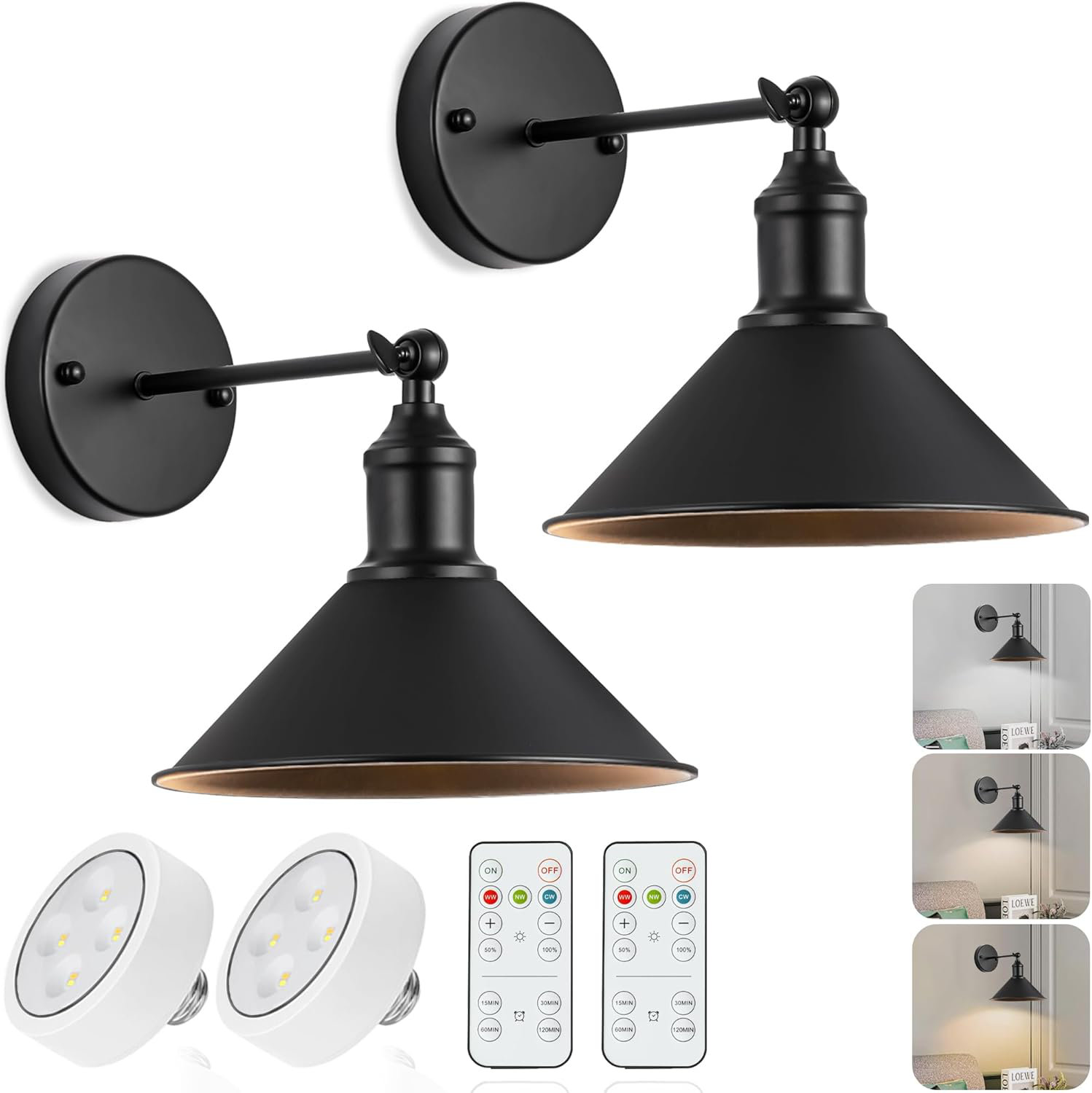 Ebern Designs Vintage Black Cordless LED Wall Sconces, Wireless Battery ...