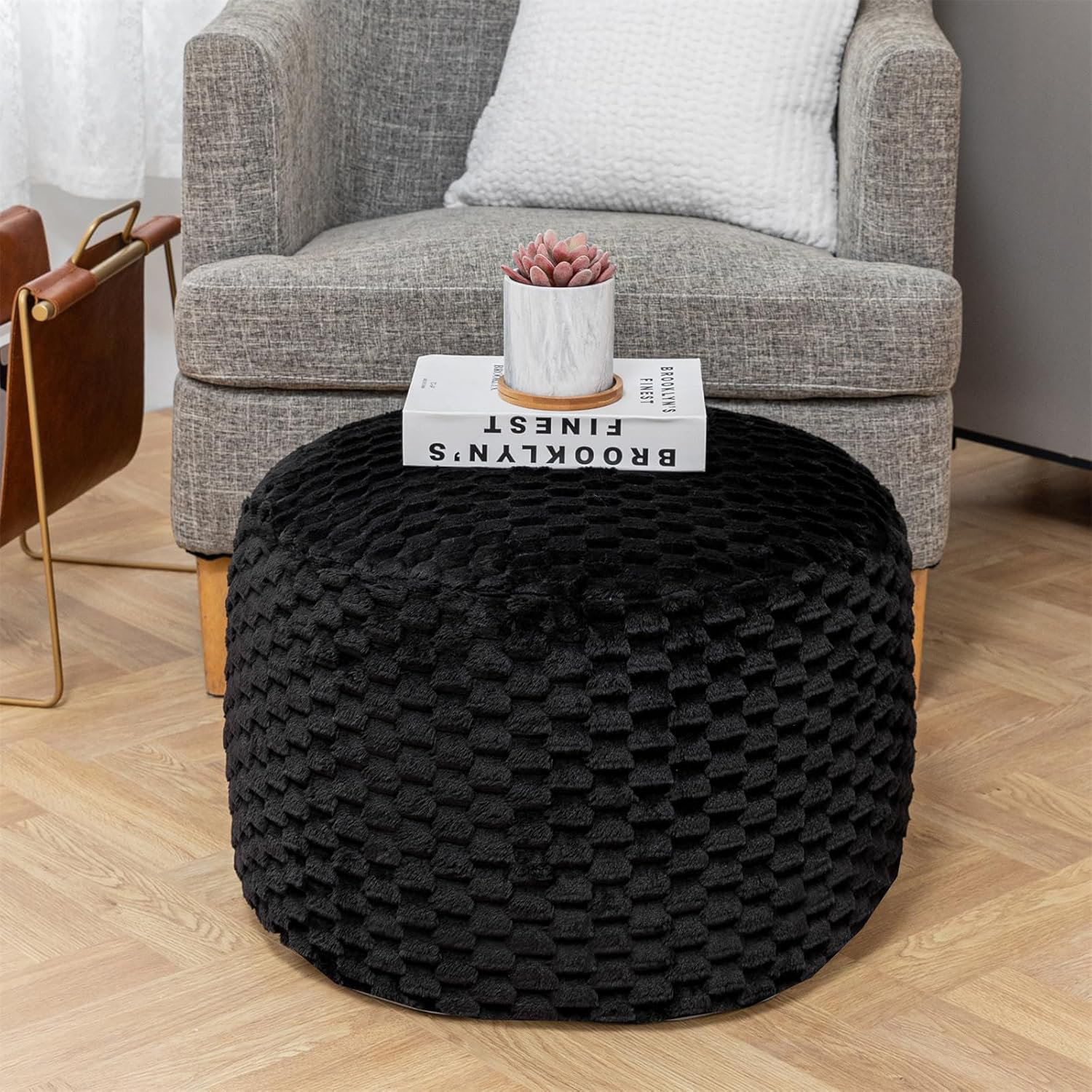 Ebern Designs Black Round Pouf Ottoman With Foam Filler | Wayfair