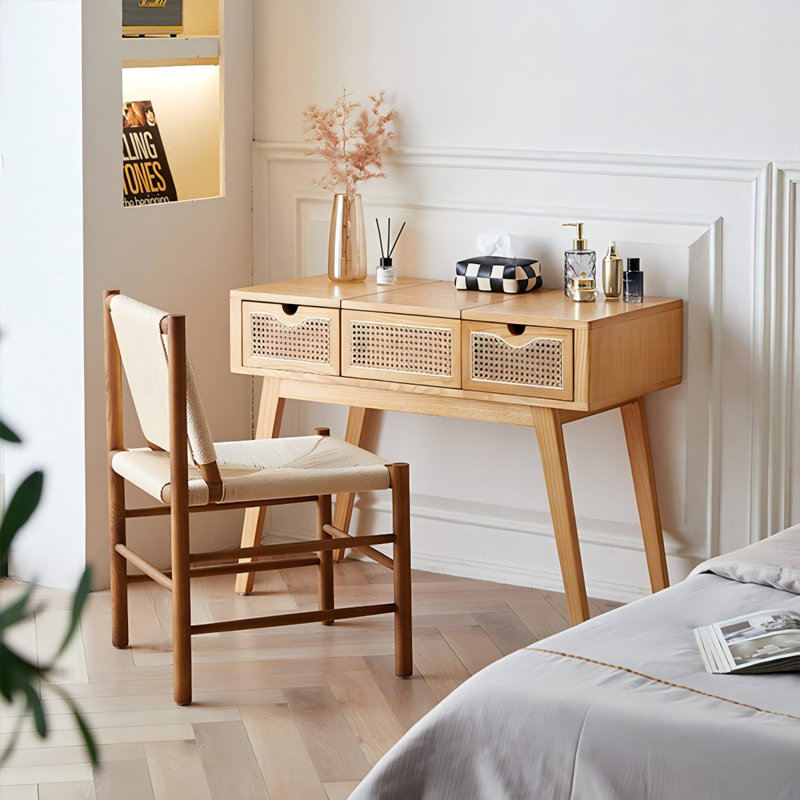 Bayou Breeze Modern Minimalist Rattan-Woven Solid Wood Vanity | Wayfair