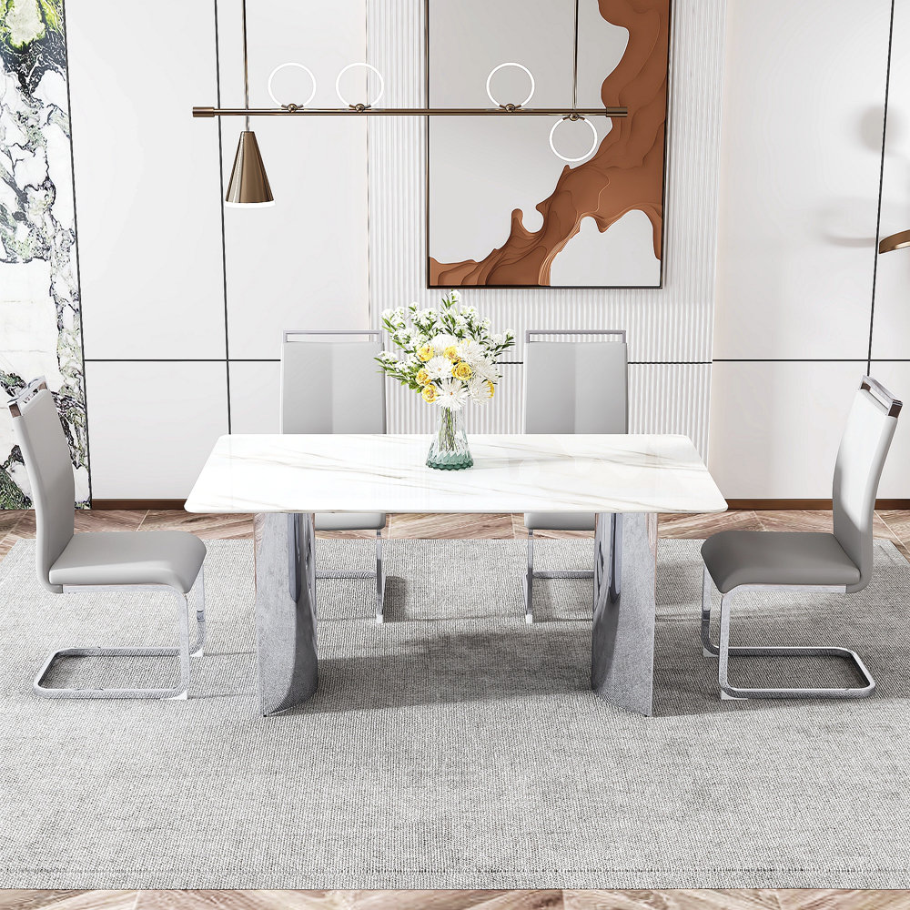 Ivy Bronx Modern Minimalist Dining Table. Imitation Marble Glass ...