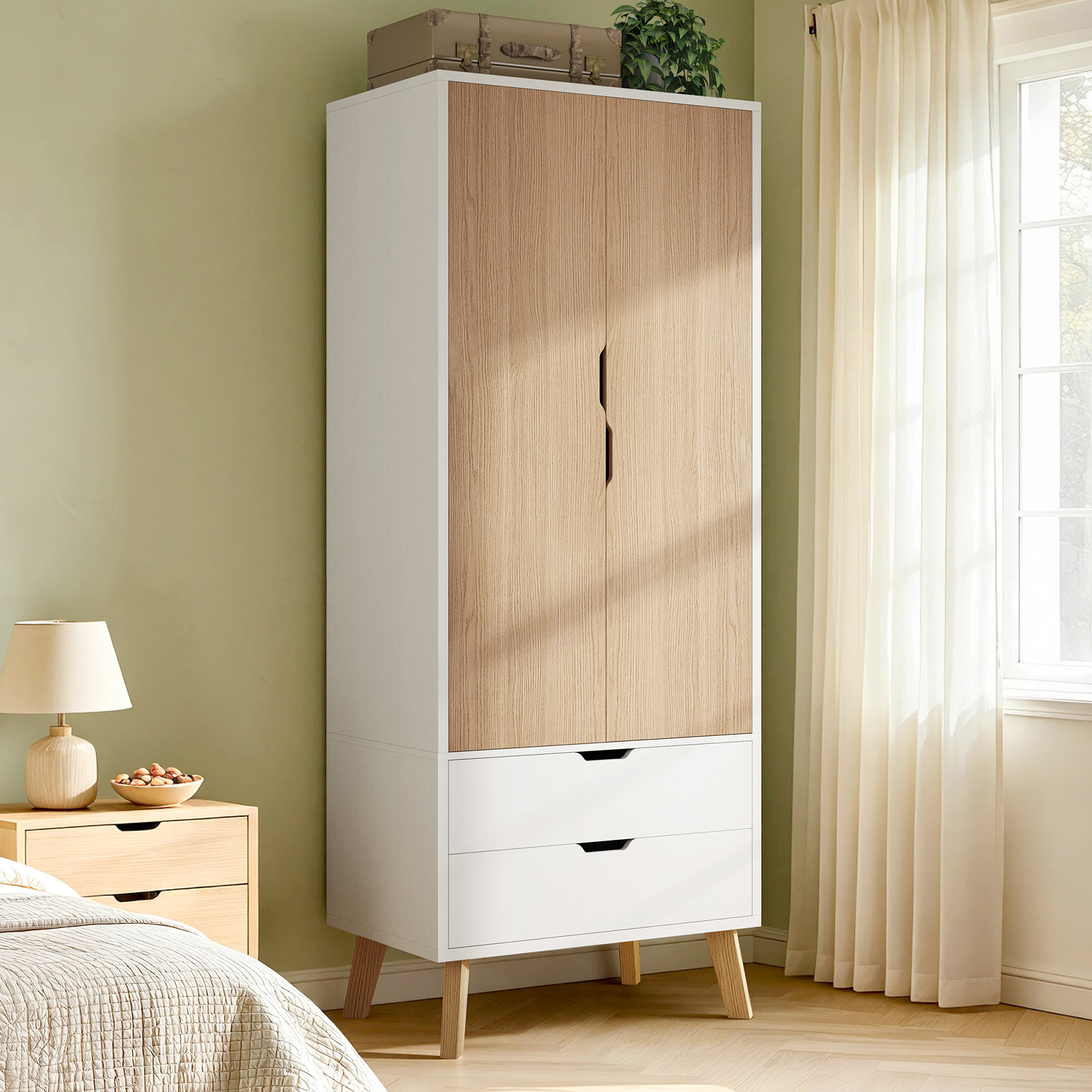 Norden Home Modern 2 Drawer Wardrobe With Hanging Rail, White And Wood ...