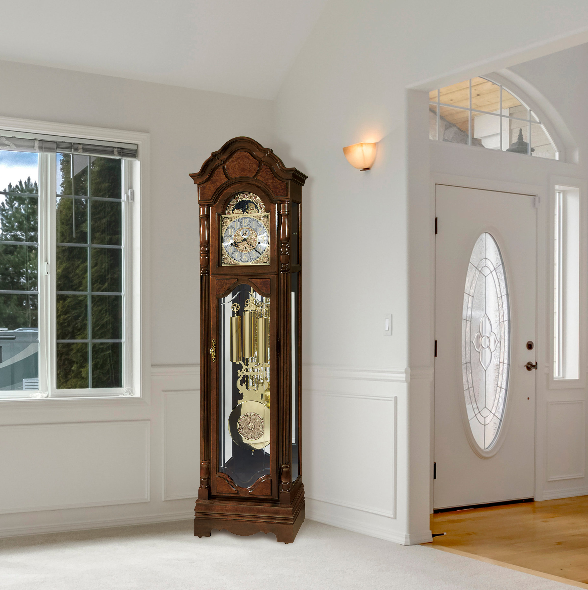 Howard Miller® Wilford Grandfather Clock, Bonnet Pediment, German Cable ...