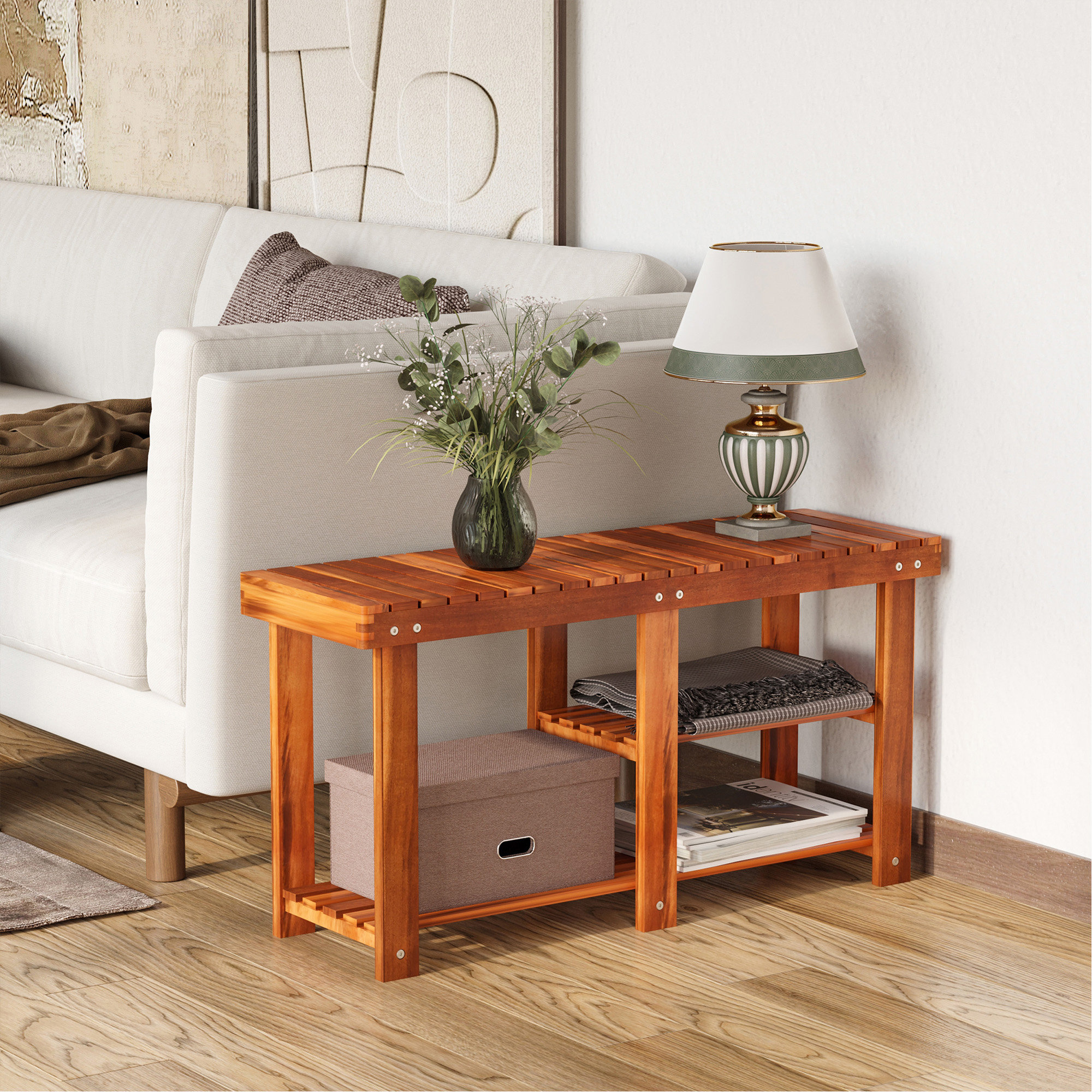 Latitude Run® 3-Tier Shoe Rack Bench, Acacia Wood Shoe Organizer ...
