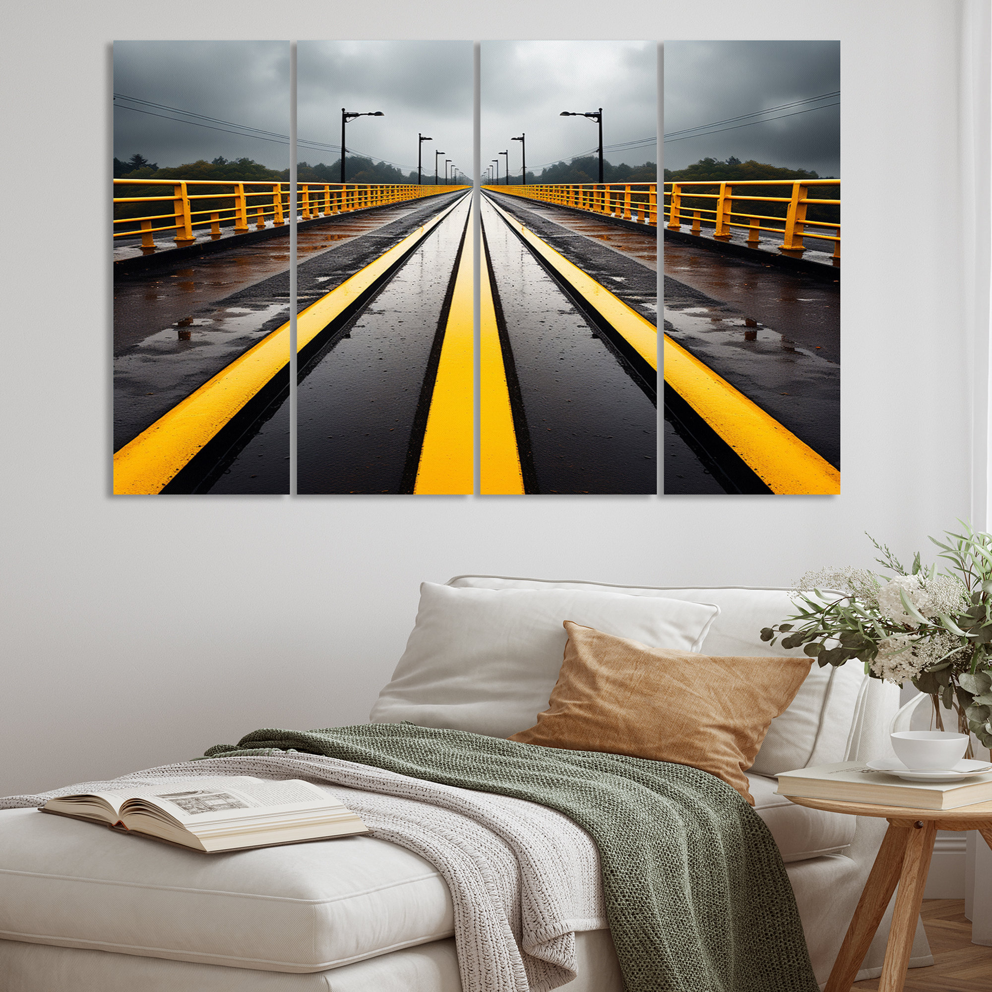 Ebern Designs Yellow Parallel Road Paths On Canvas 4 Pieces Print | Wayfair