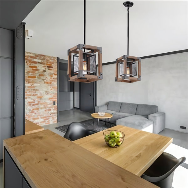 17 Stories 1 - Light Wood Square Pendant Lamp with Rustic Metal | Wayfair