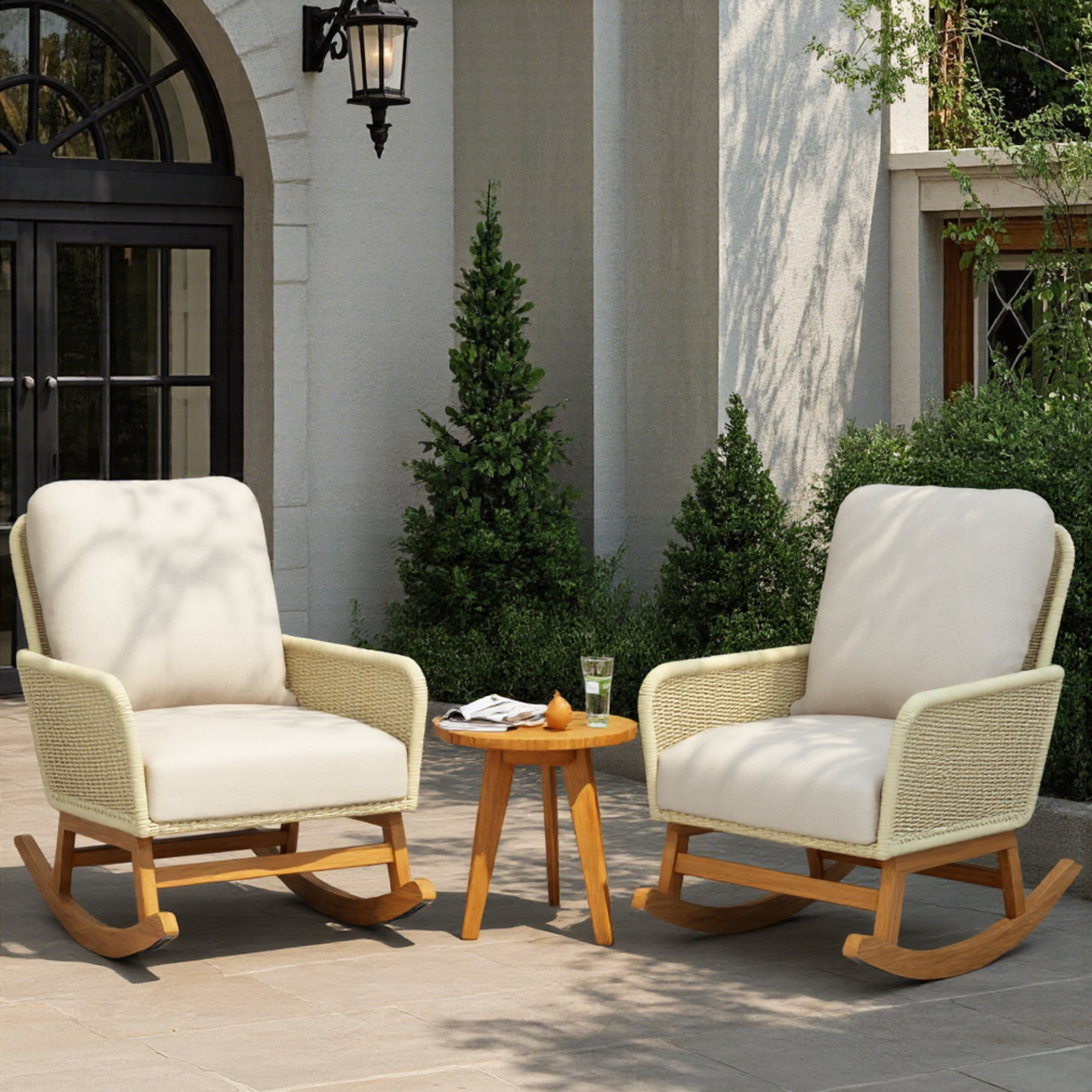 Red Barrel Studio® Ivory PE Rattan Rocking Chair Set With Wooden Accent ...