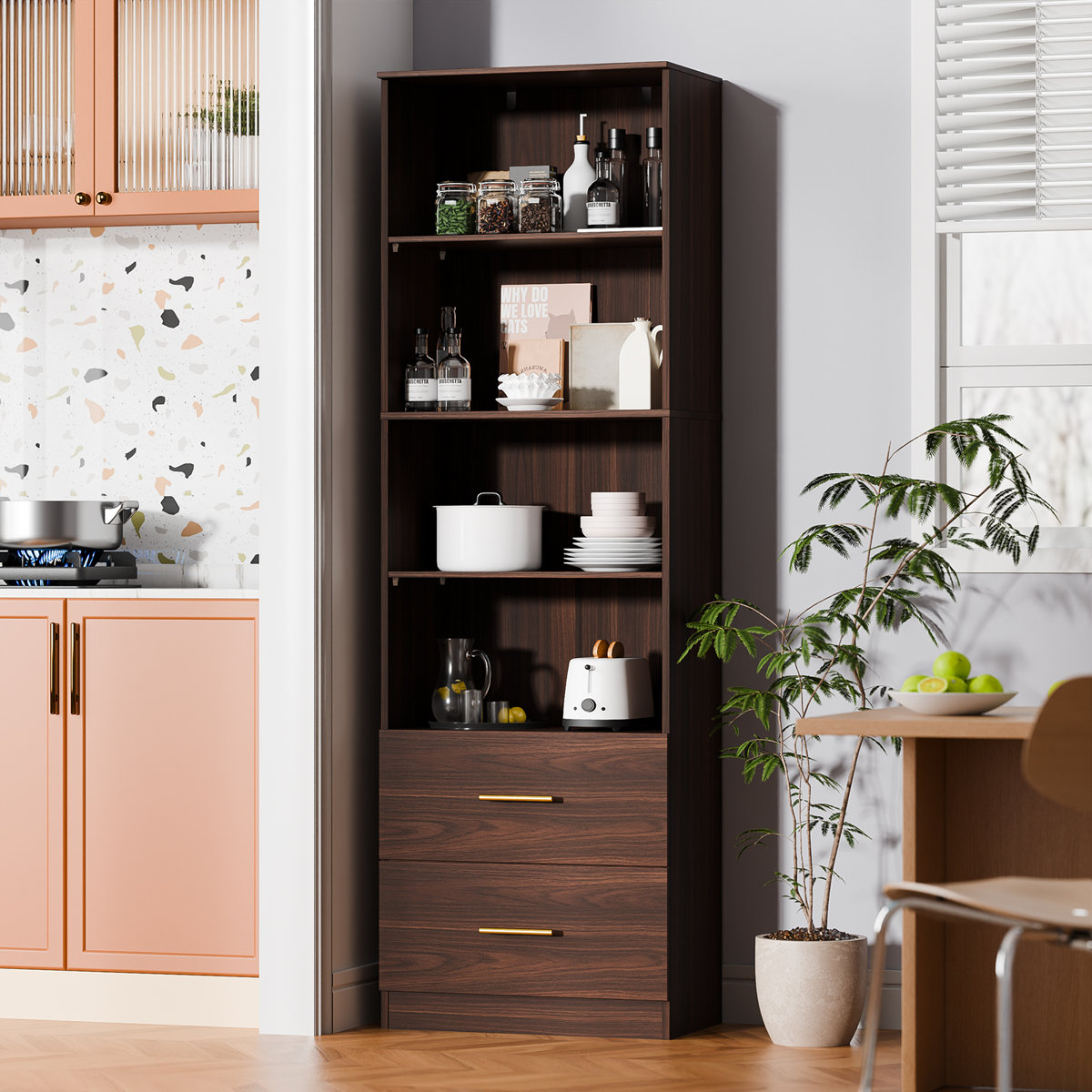 Ebern Designs 74.1" Bookcase with Drawers, 4 Shelf Bookcase with ...