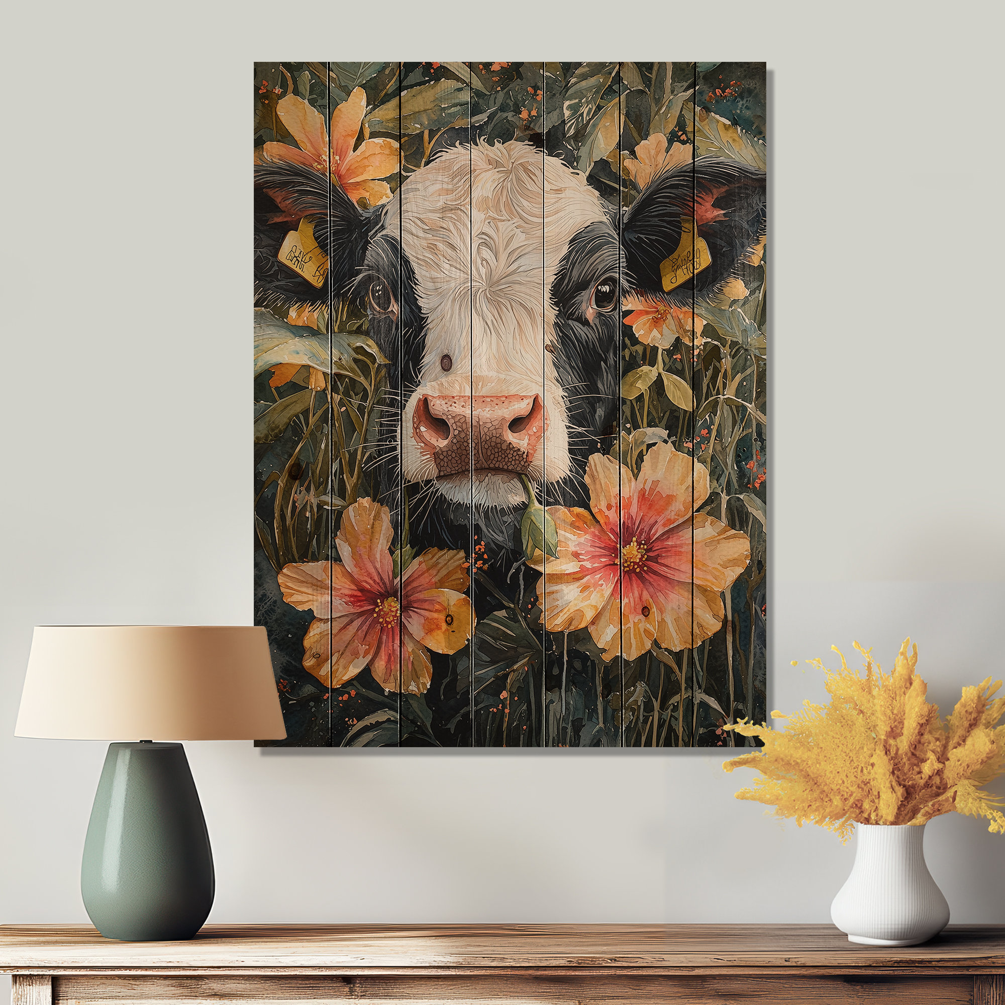 Ophelia & Co. Cow Painting With Hibiscus - Cow Animal Wood Print - On ...