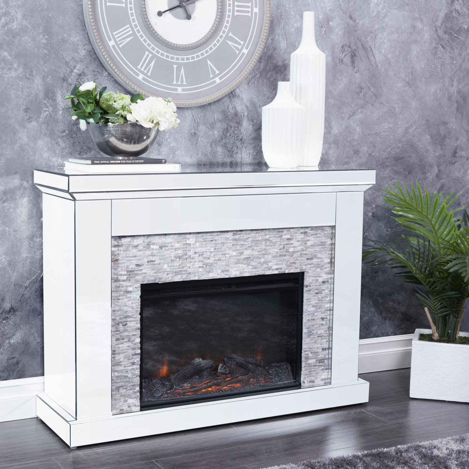 Everly Quinn Glass Mirrored Stone Inspired Electric Silver Fireplace ...