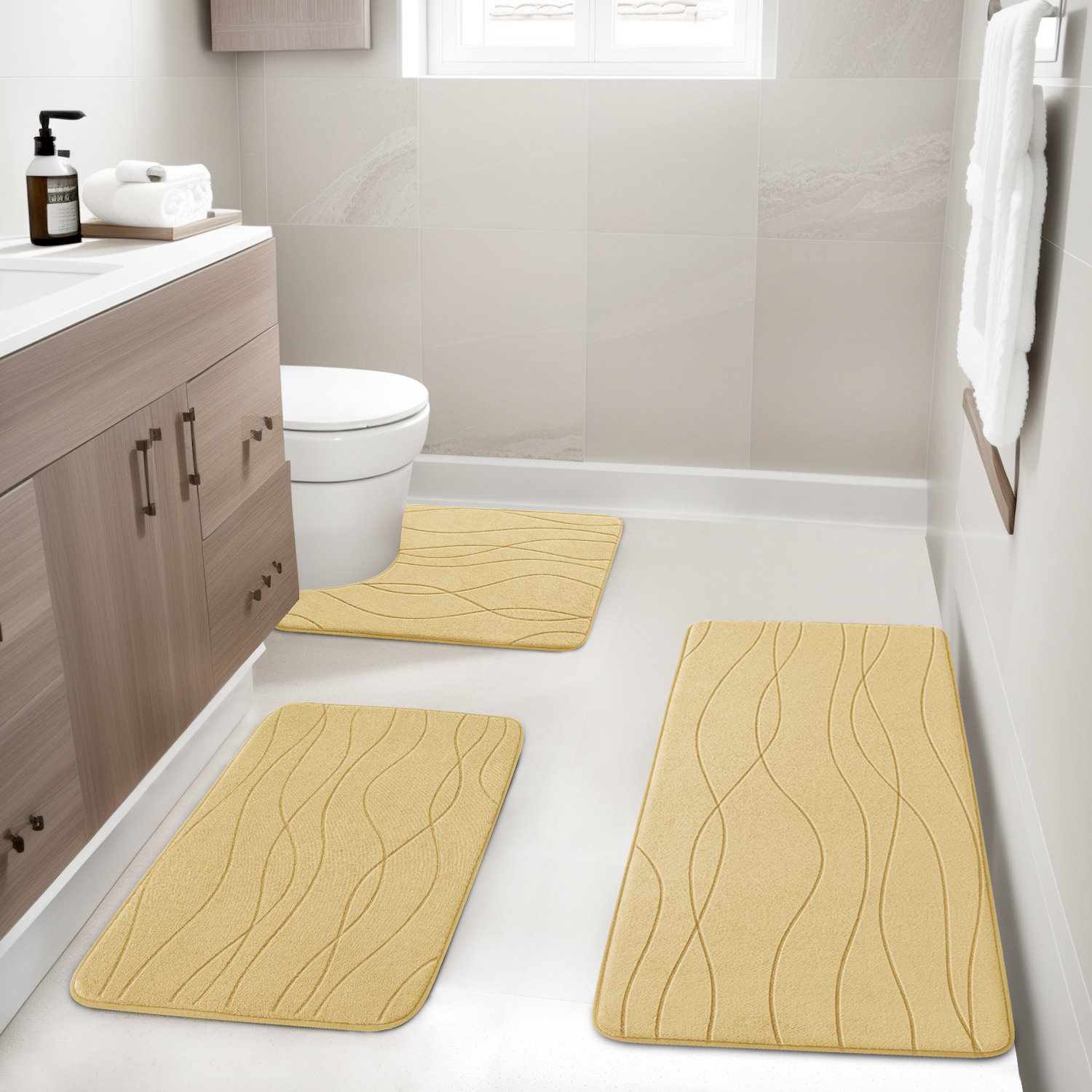 Ebern Designs 3 Piece Plush Memory Foam Bath Rug Set with Non-Slip ...