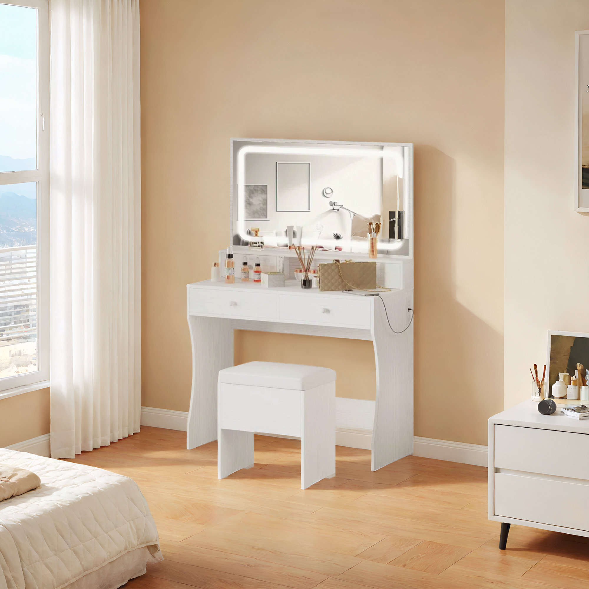 Wrought Studio™ Baelyn Makeup Vanity with LED Lighted Mirror, Modern 4 ...