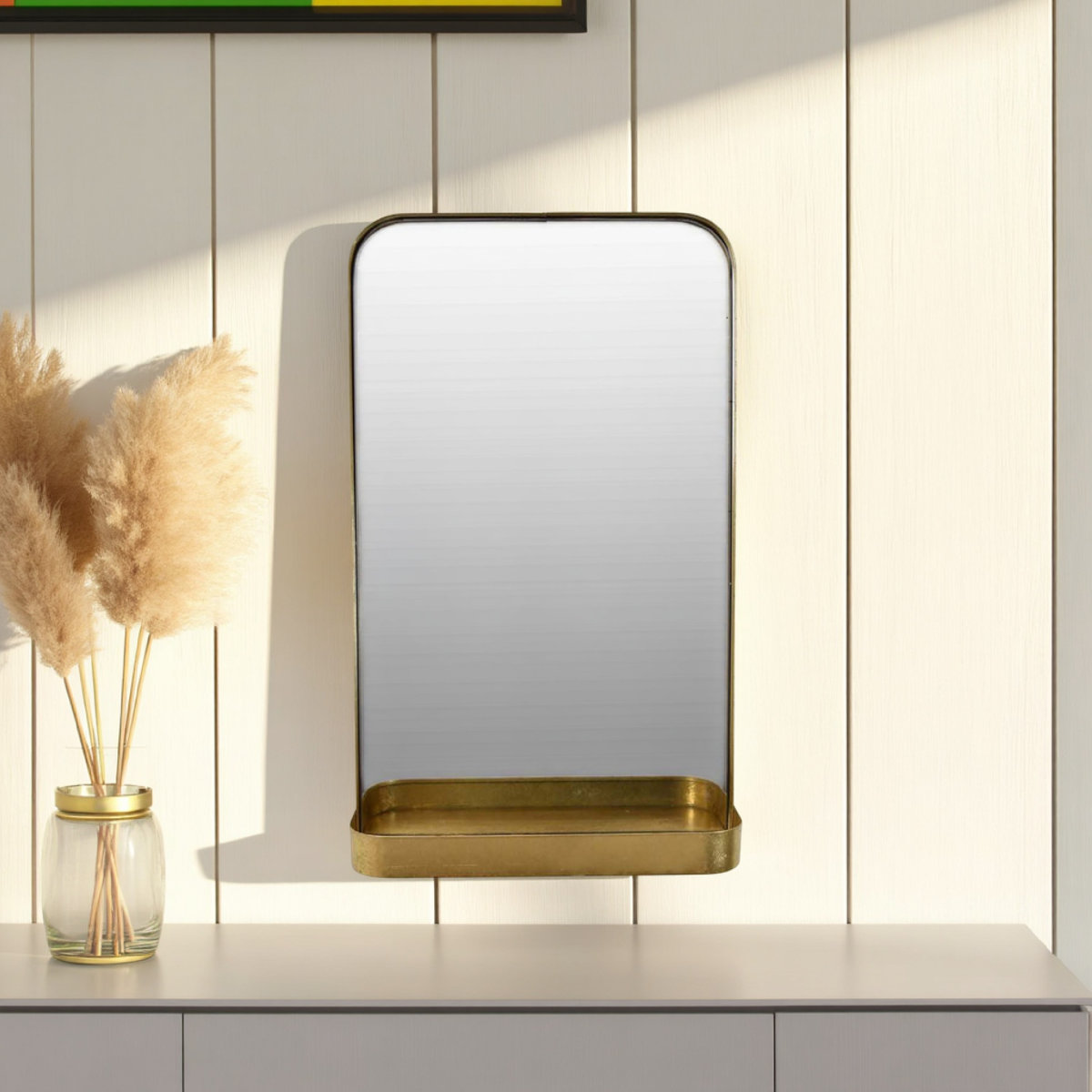 Benjara Feno Decorative Wall Mirror W Rack, Portrait Style 30 Inch Gold ...