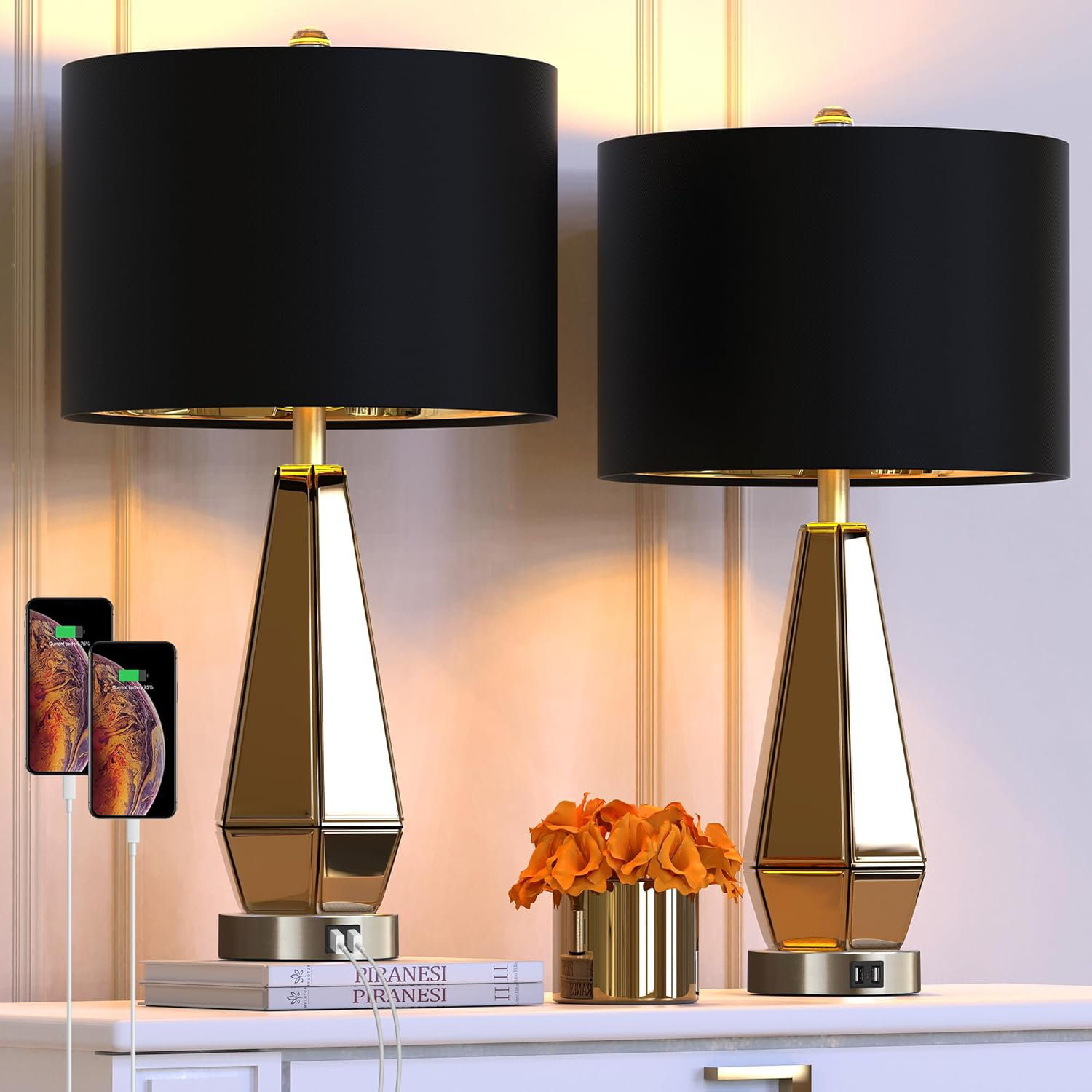 Everly Quinn Modern Amber Table Lamps With USB Charging Ports, Gold Black Geometric Shades | Wayfair